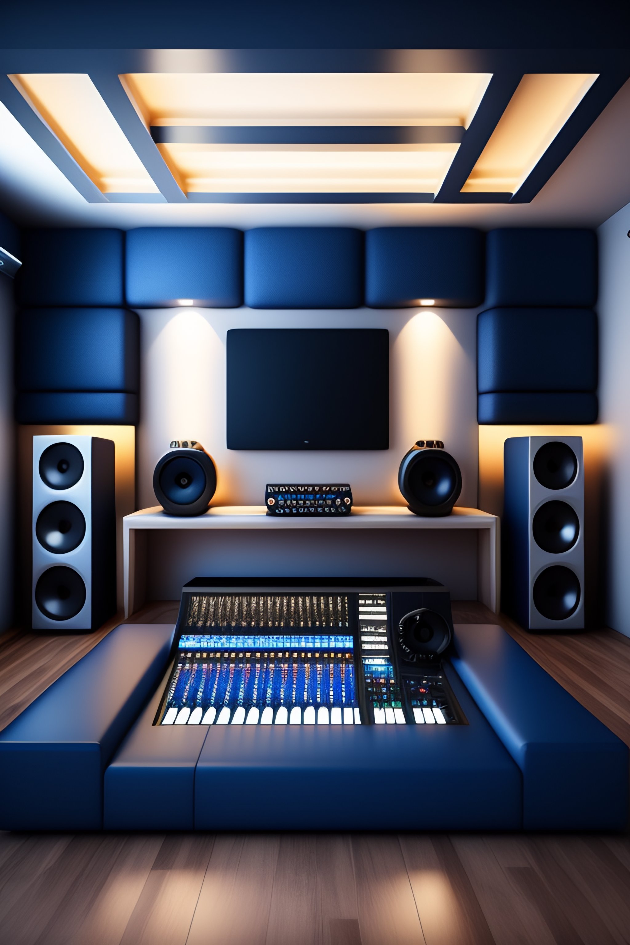 Lexica - Futuristic homey cozy recording studio dark blue interior design