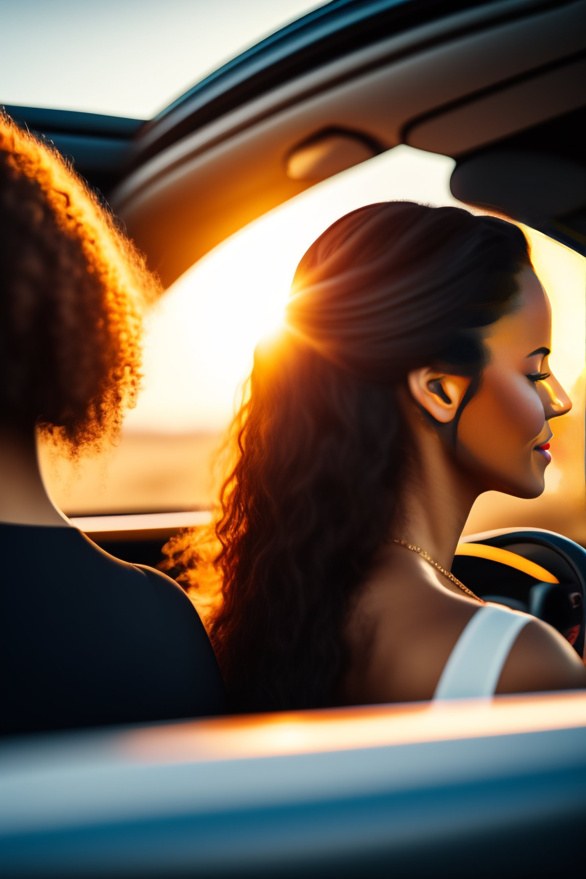 Lexica - Back of two women's heads driving in a car on the freeway