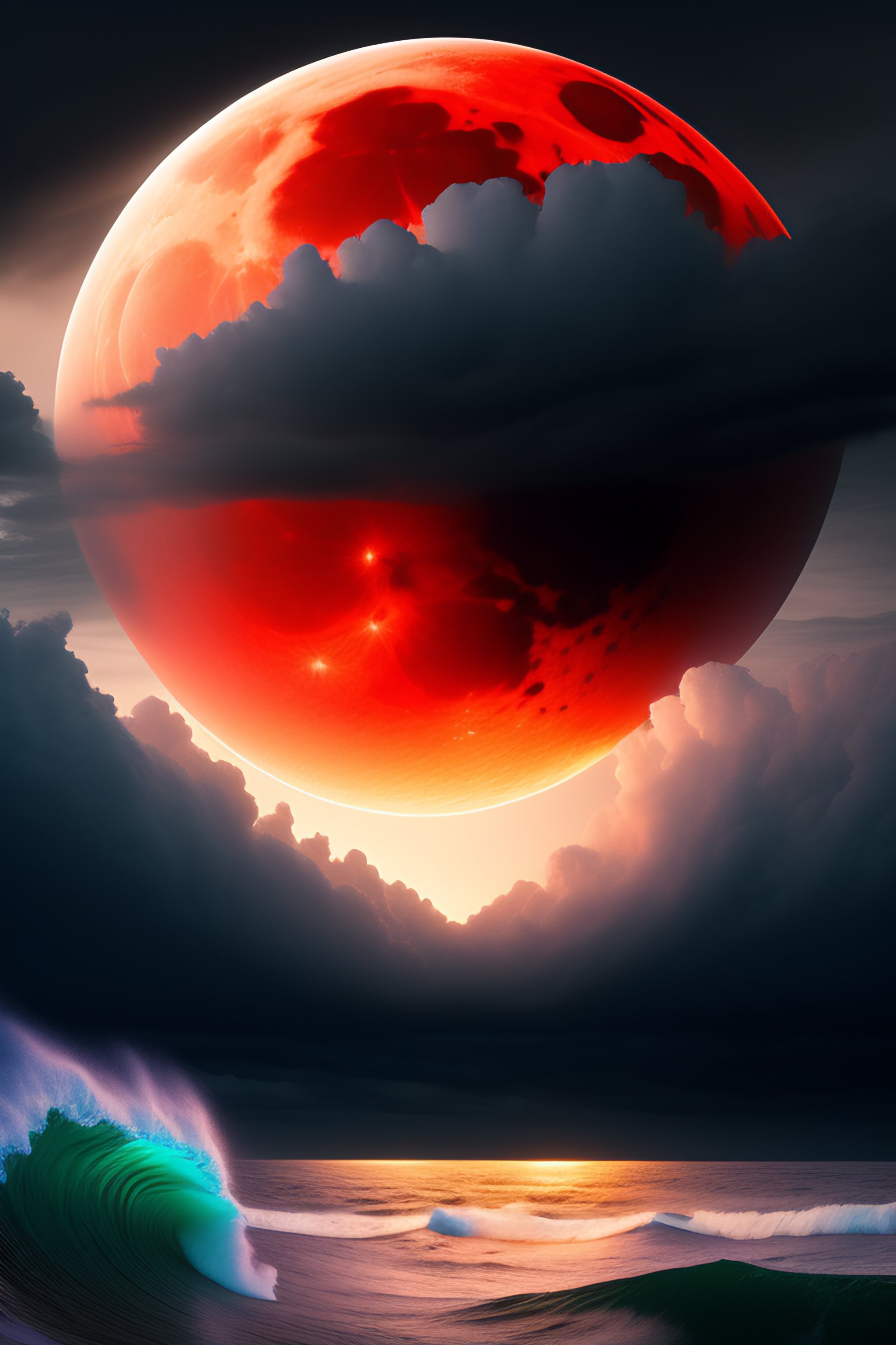 Lexica - Red moon over stormy red ocean, huge clouds, dappled silver ...