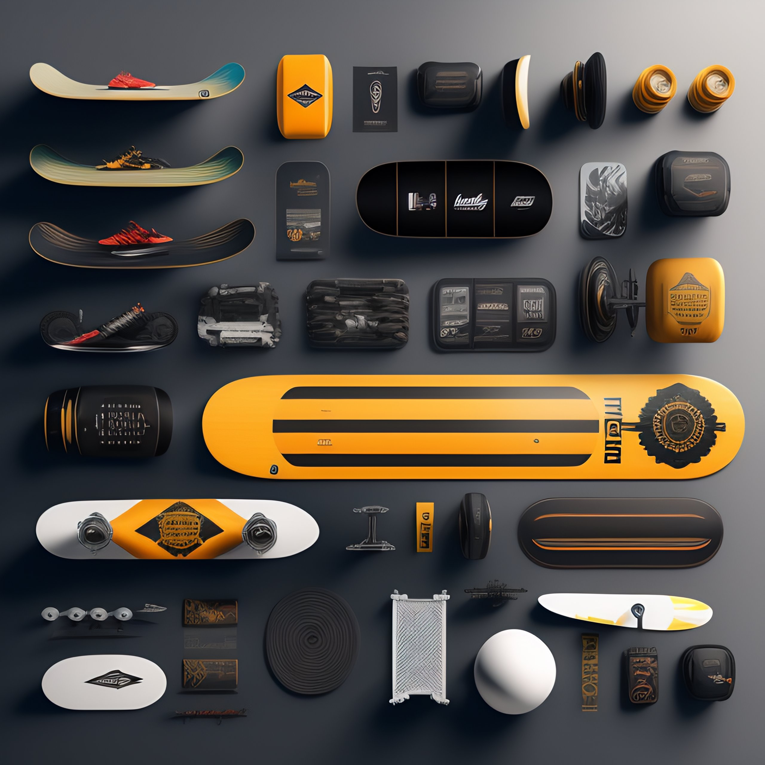 Lexica - Skateboard products, Knolling, Knolling layout, Deconstruction, Highly detailed, Depth ...