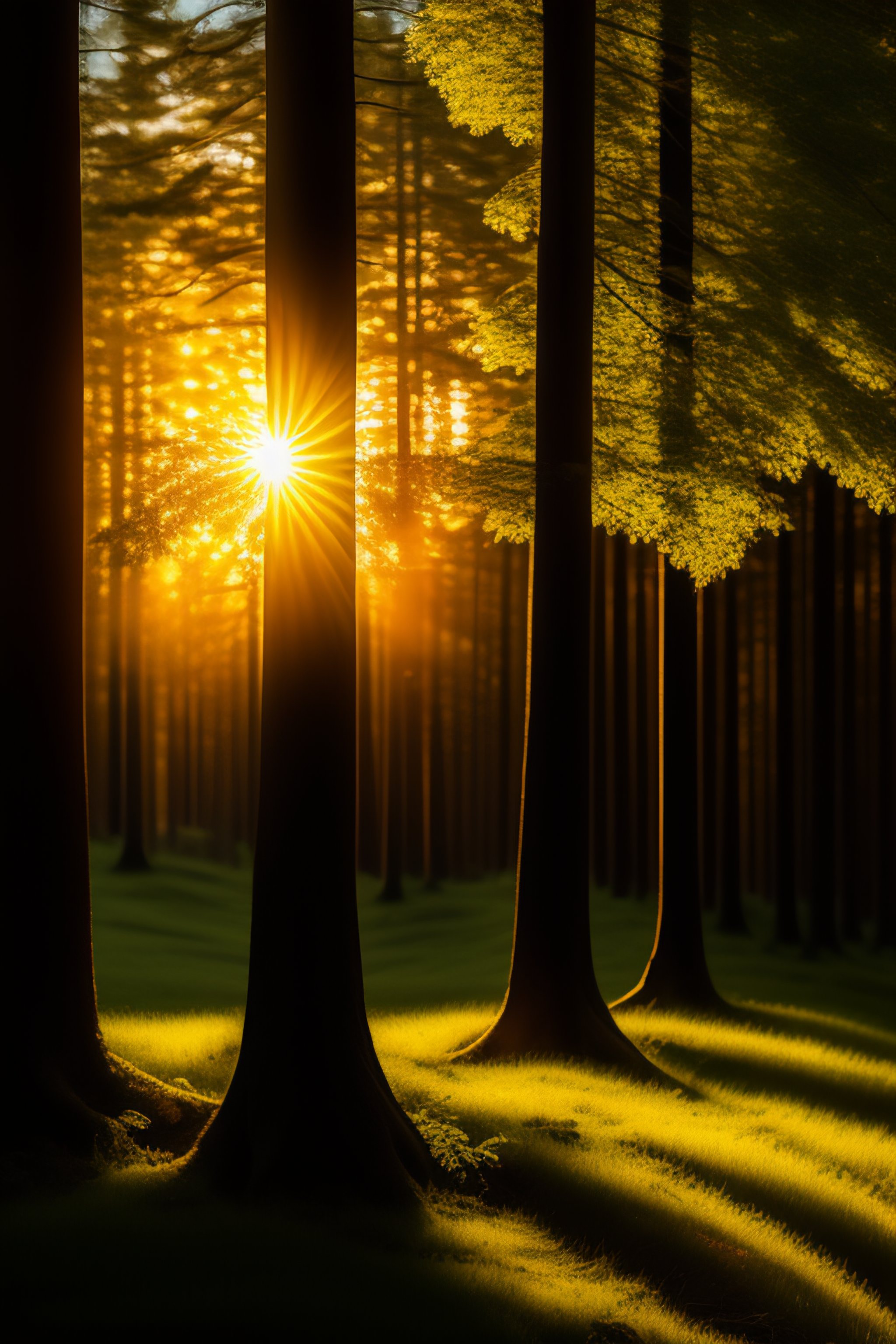 Lexica - Golden sun rising through the tree leaves