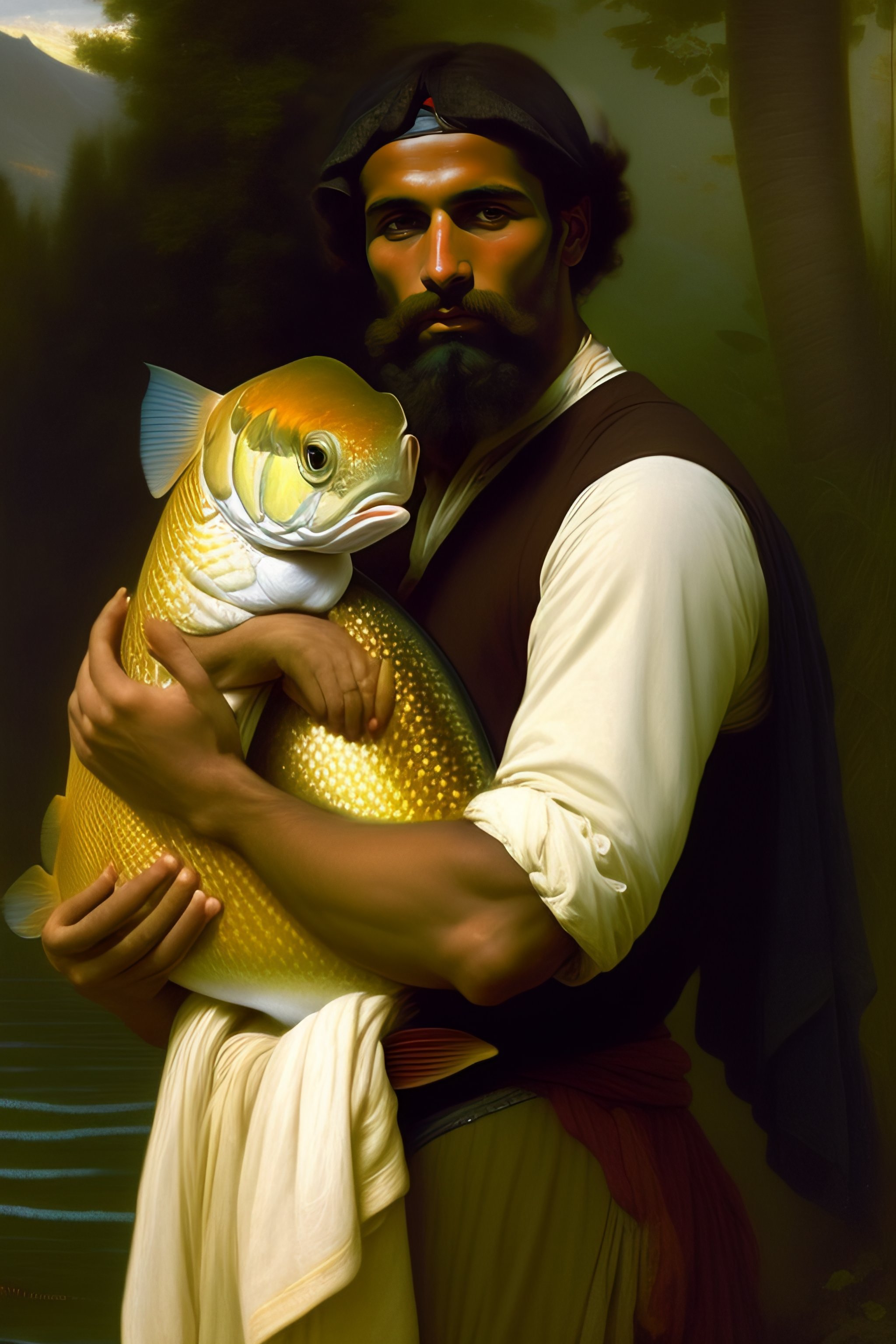 Lexica - Man holding fish painting by william adolphe bouguereau
