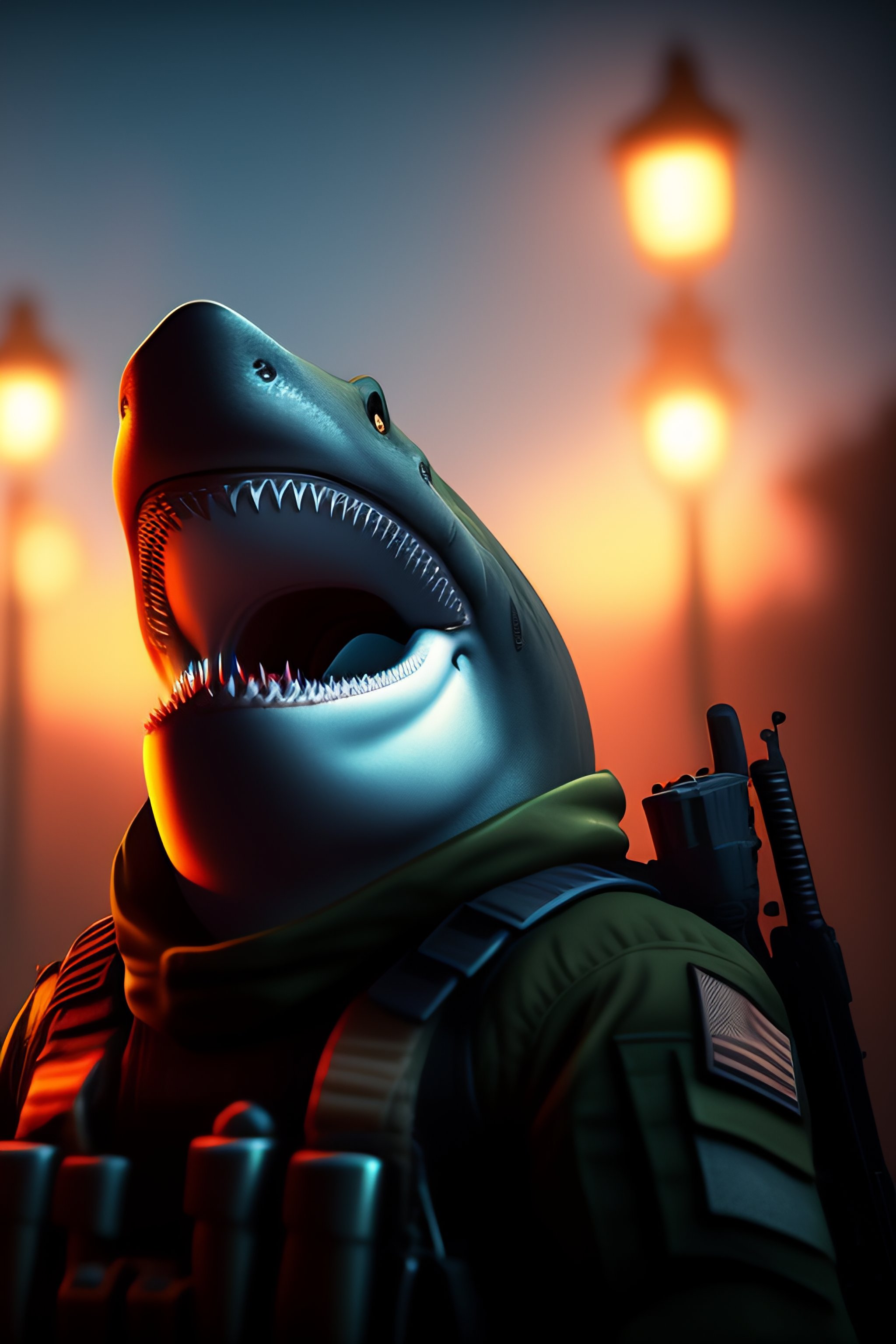 Lexica - An exhausted smiling shark at the frontlines in the army at ...