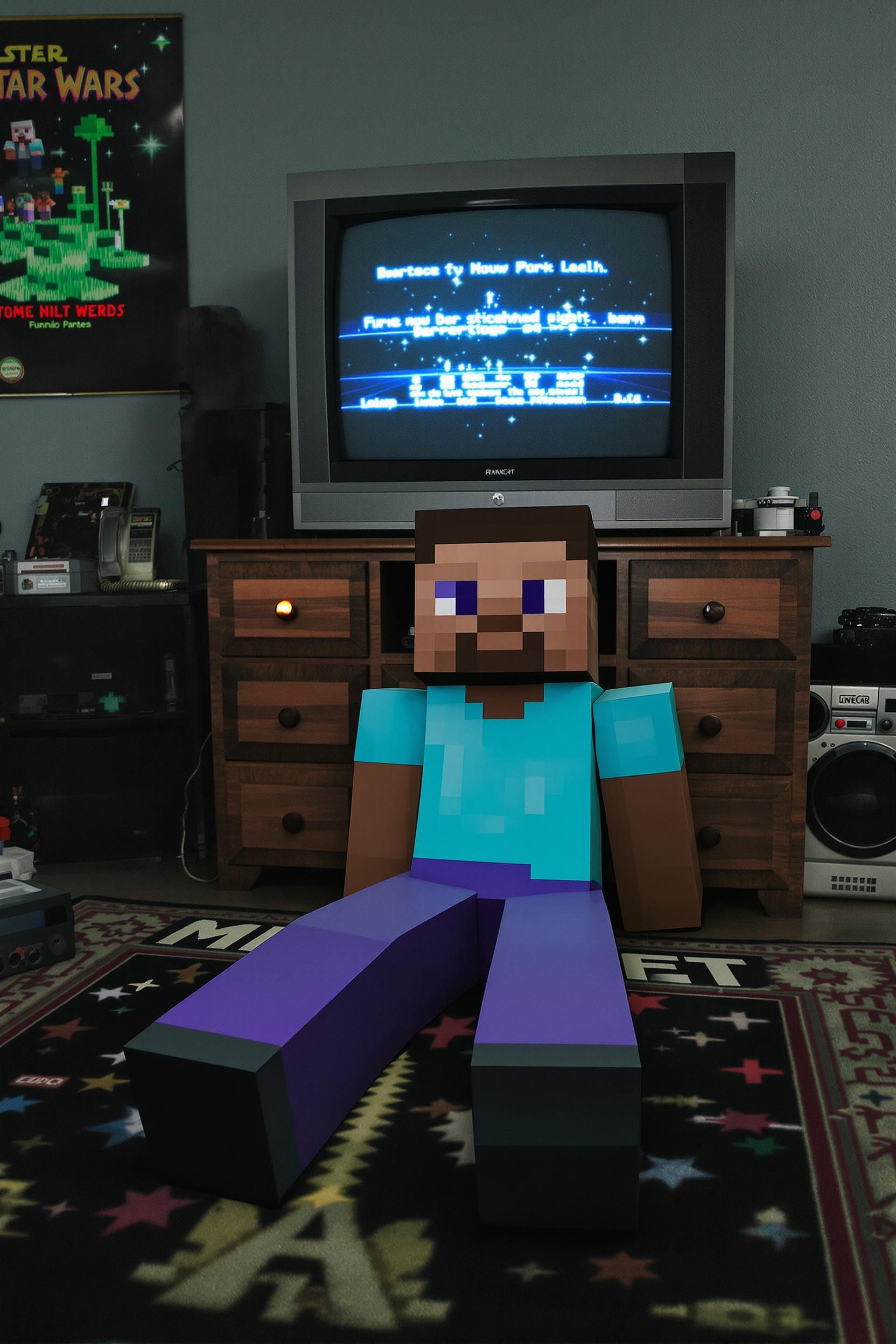 Lexica - Analog photo of blocky Steve from Minecraft playing Minecraft ...