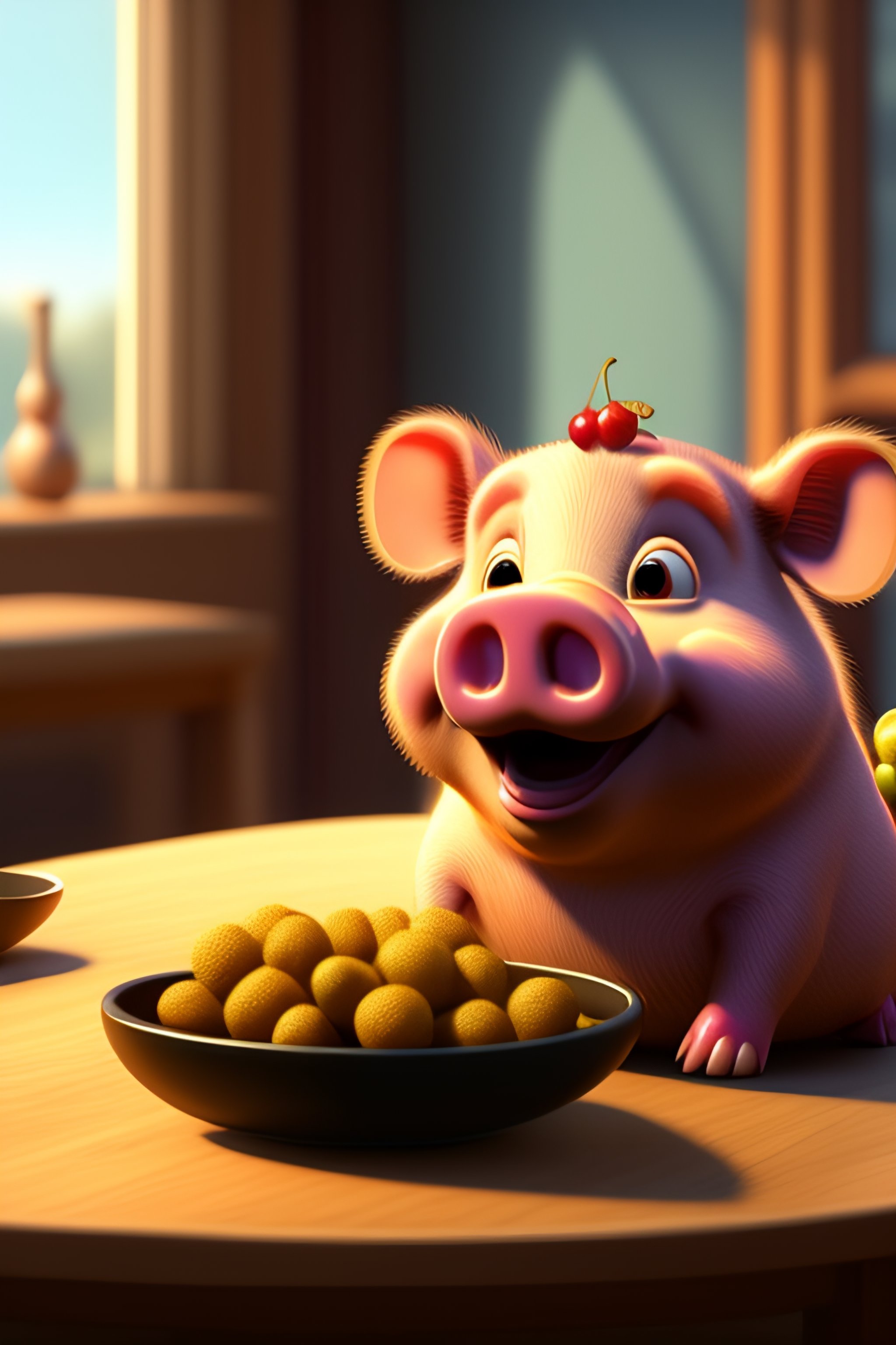 Lexica - Pixar art of a funny smiling pig eating some grapes sitting ...