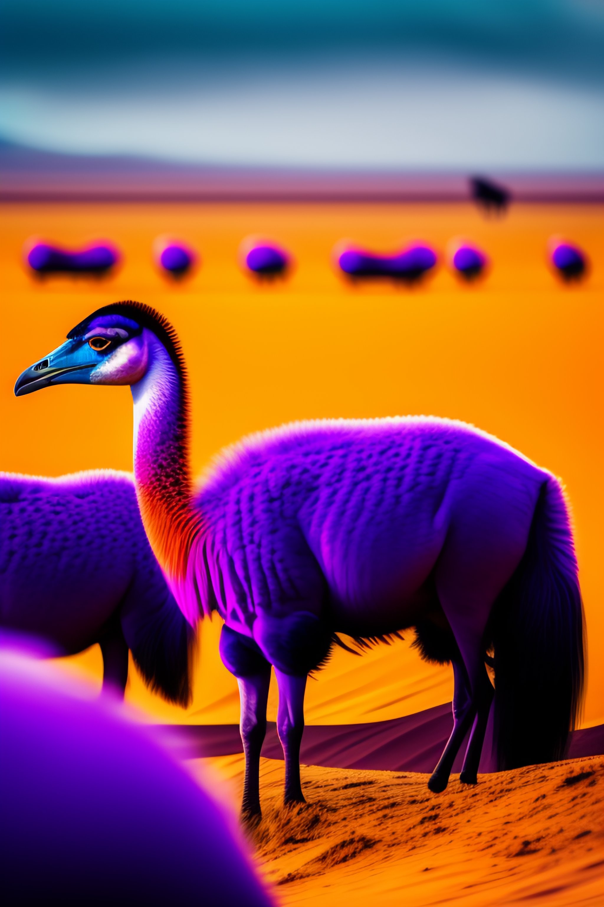 Lexica - Purple ostriches sending orange bitcoin over the lightning network to bitcoin twitter