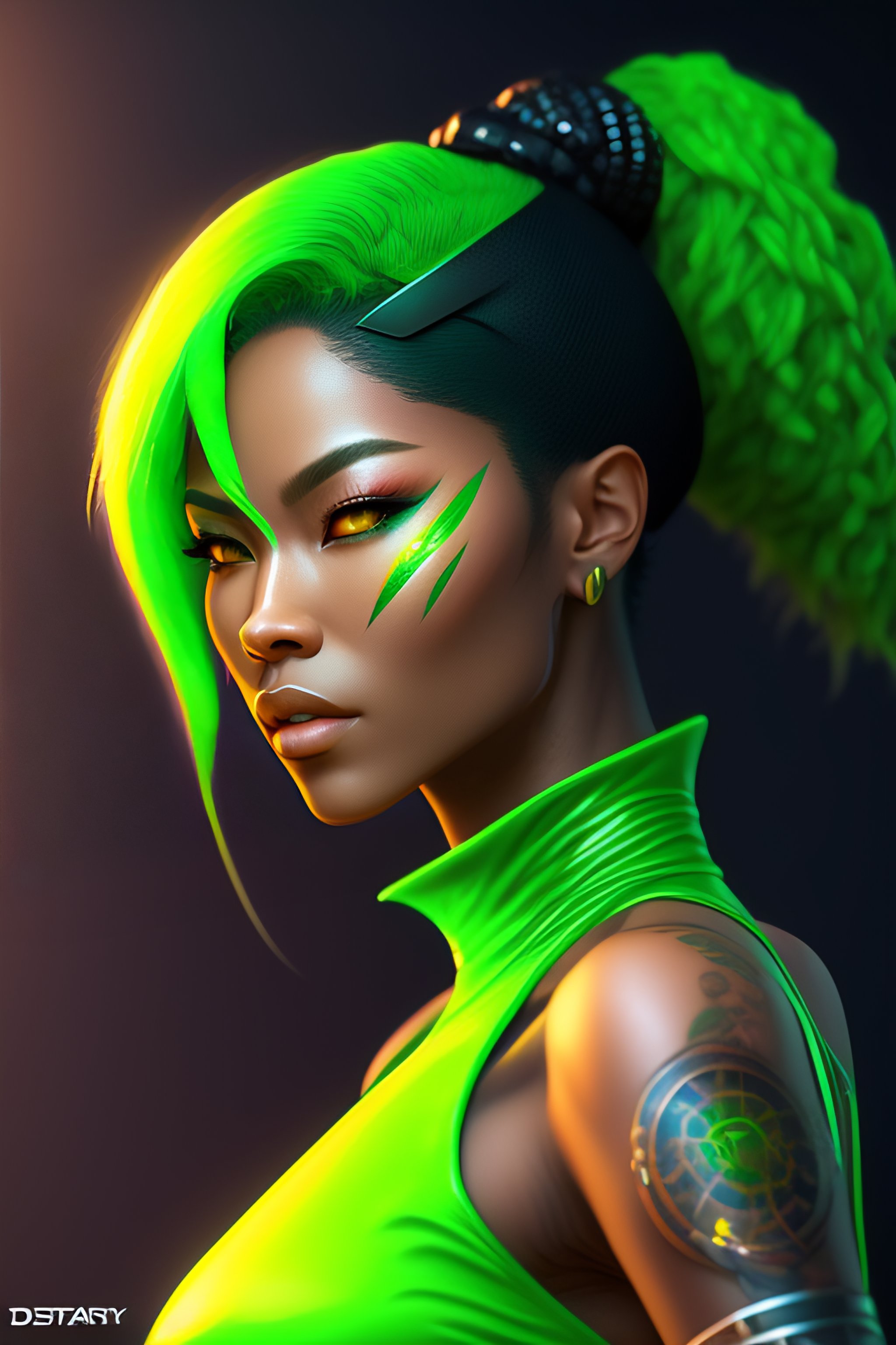 Lexica - Right facing, Portrait of a cyberpunk lime green cyborg ninja ...