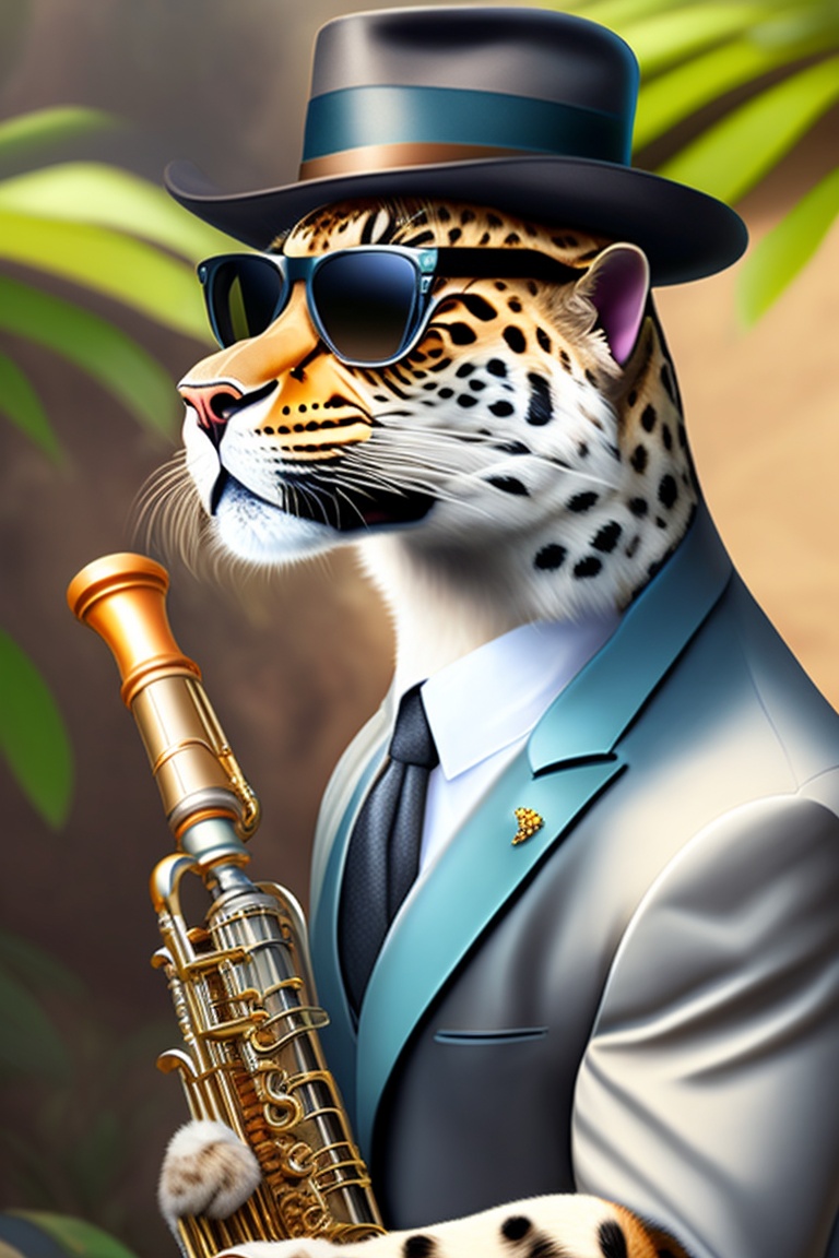Lexica - Leopard, playing saxophone, sun glasses, blues brothers, jungle