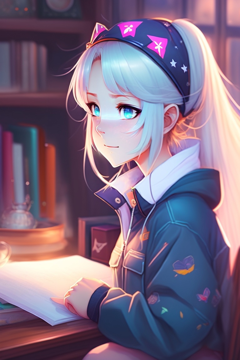 Lexica - Girl, anime, pajamas, homework, night, white hair, cute