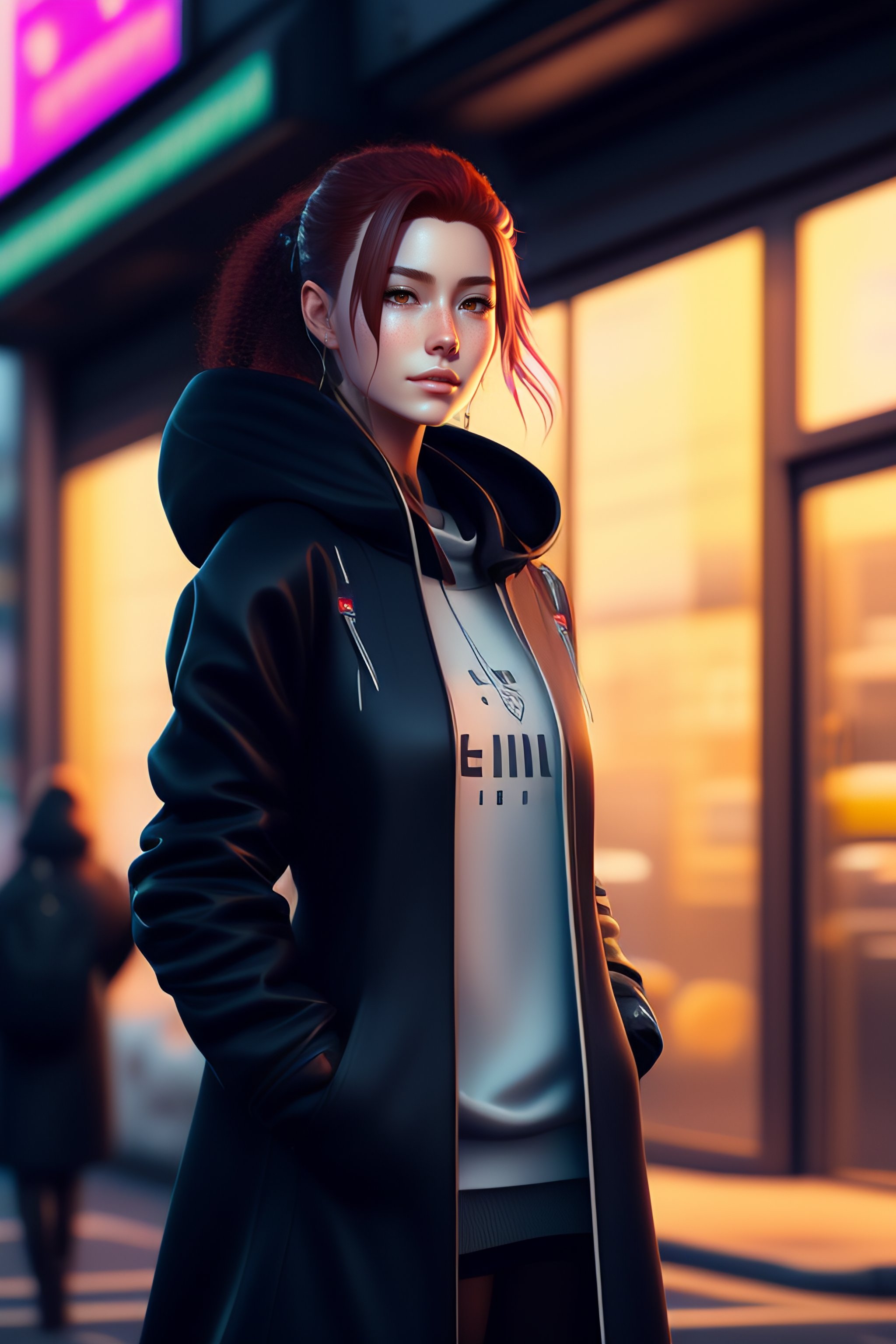 Lexica - Cyberpunk city setting. Realistic young anime white woman ...