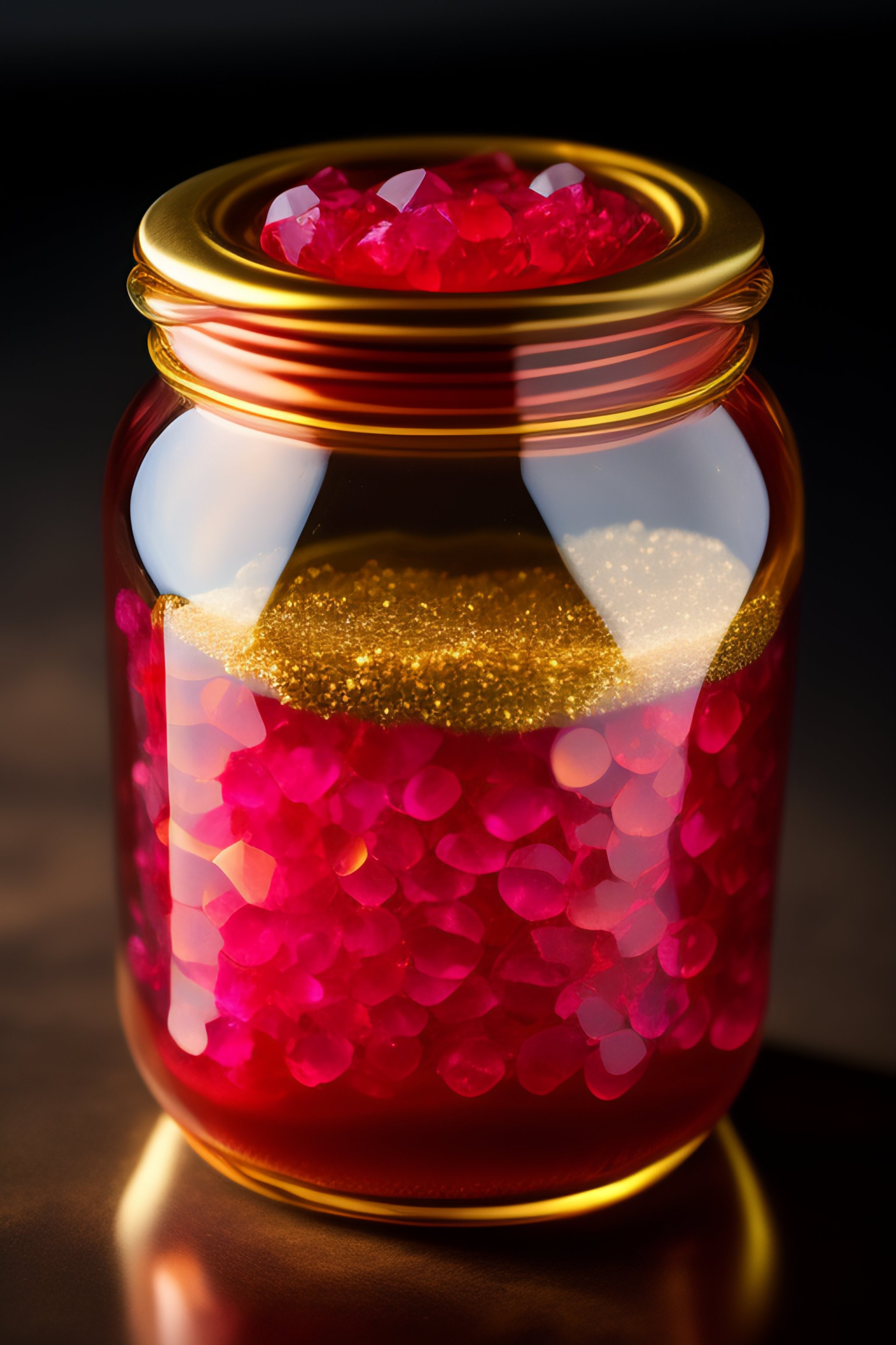Lexica - Ruby gemstones and gold flakes in a jar