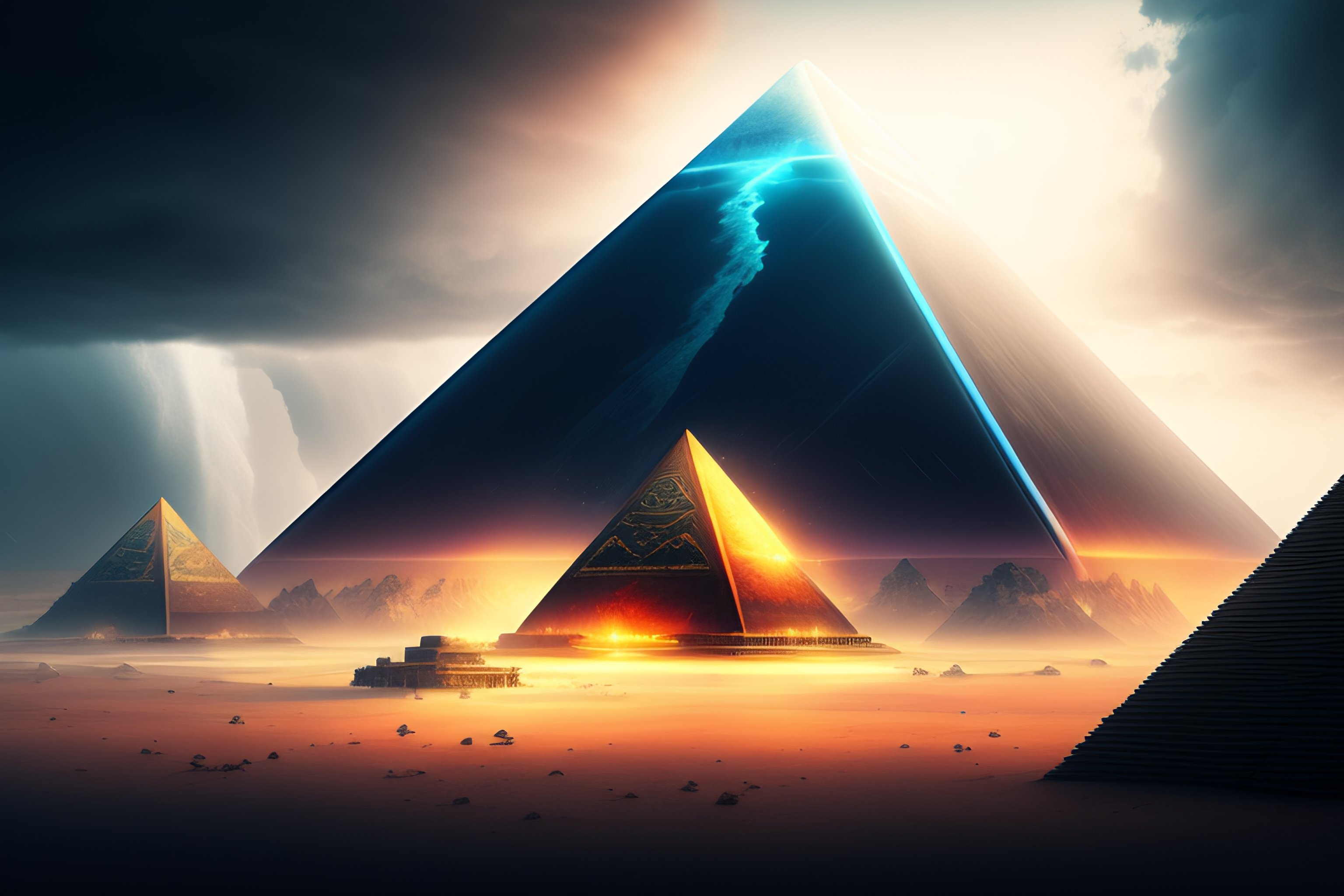 Lexica - Dystopian pyramids, background storm, computers, beautiful light