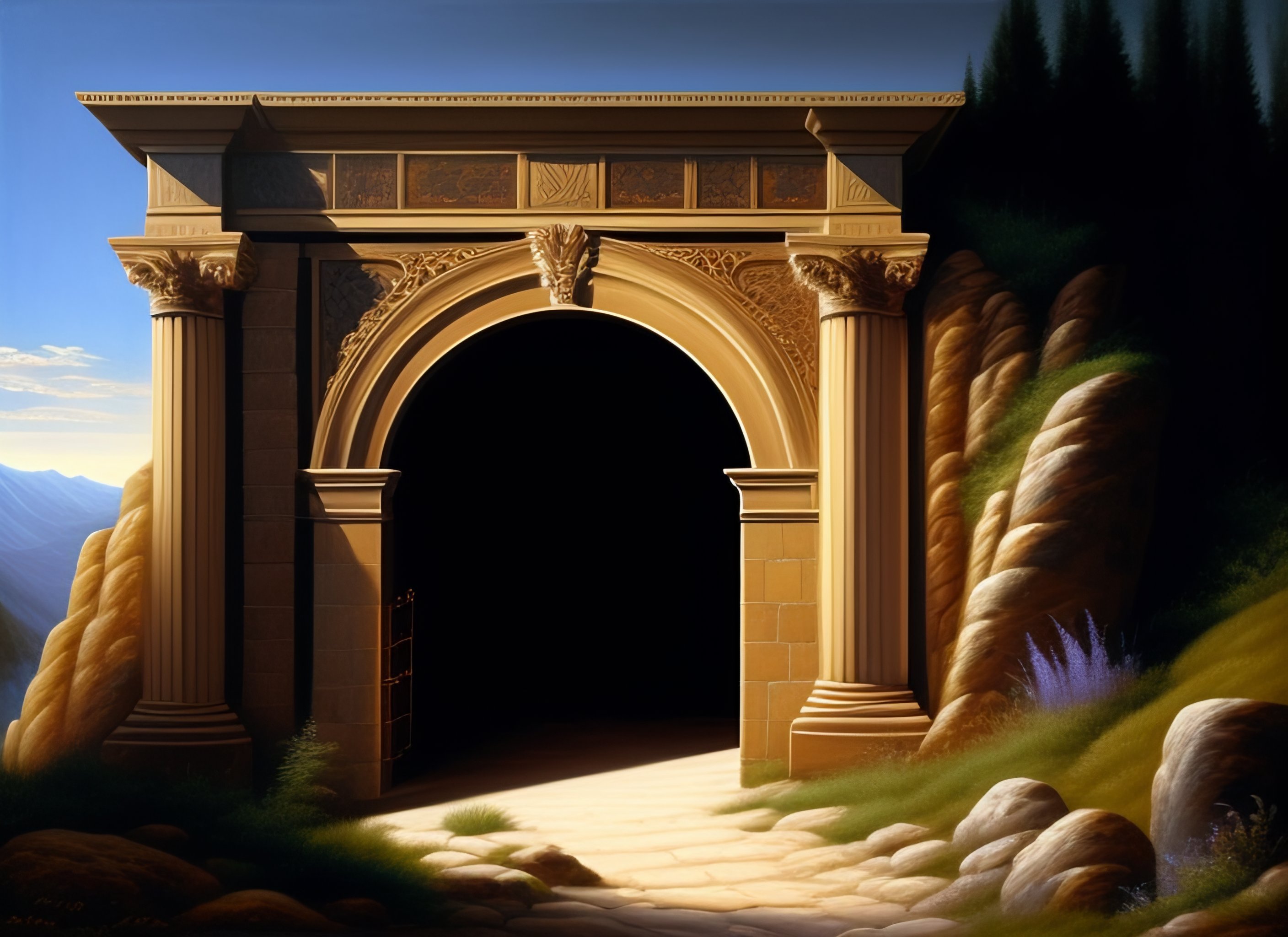 Lexica - Sealed entrance to a crypt built into a mountainside, painting ...
