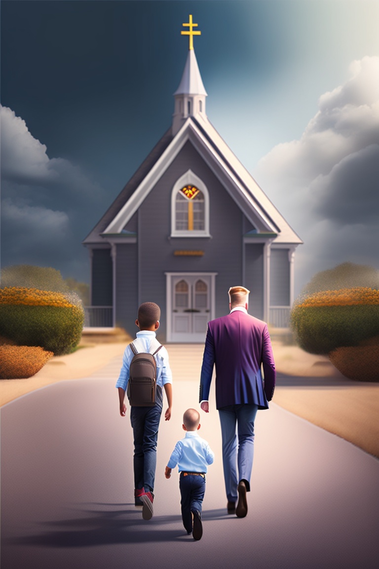 Lexica - Father and son going to the church, the church must be white