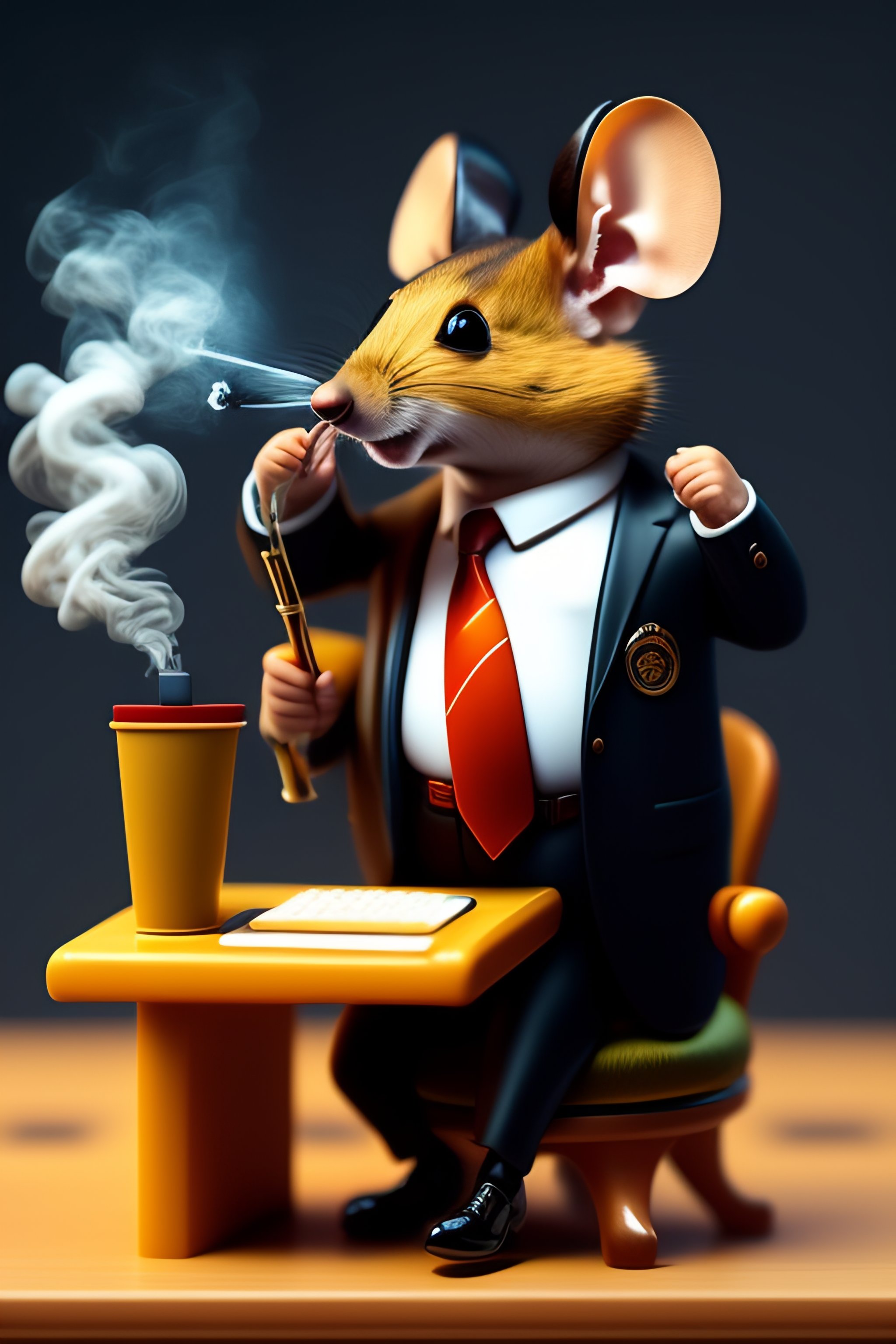 Lexica - Anthropomorphic businessman mouse, sitting in the office, smoking,