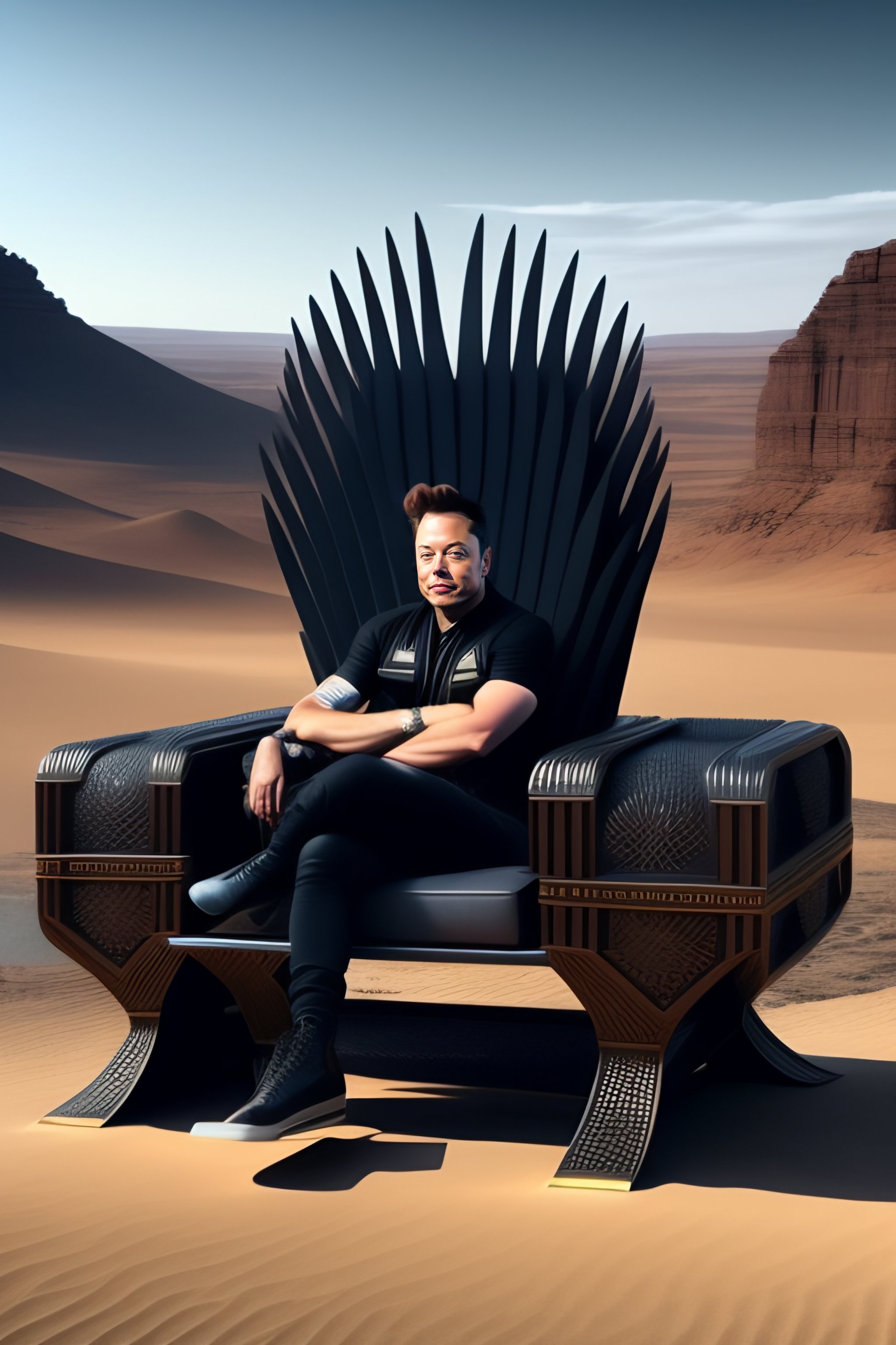 Lexica - Elon Musk sitting on the iron throne from Game Of Thrones