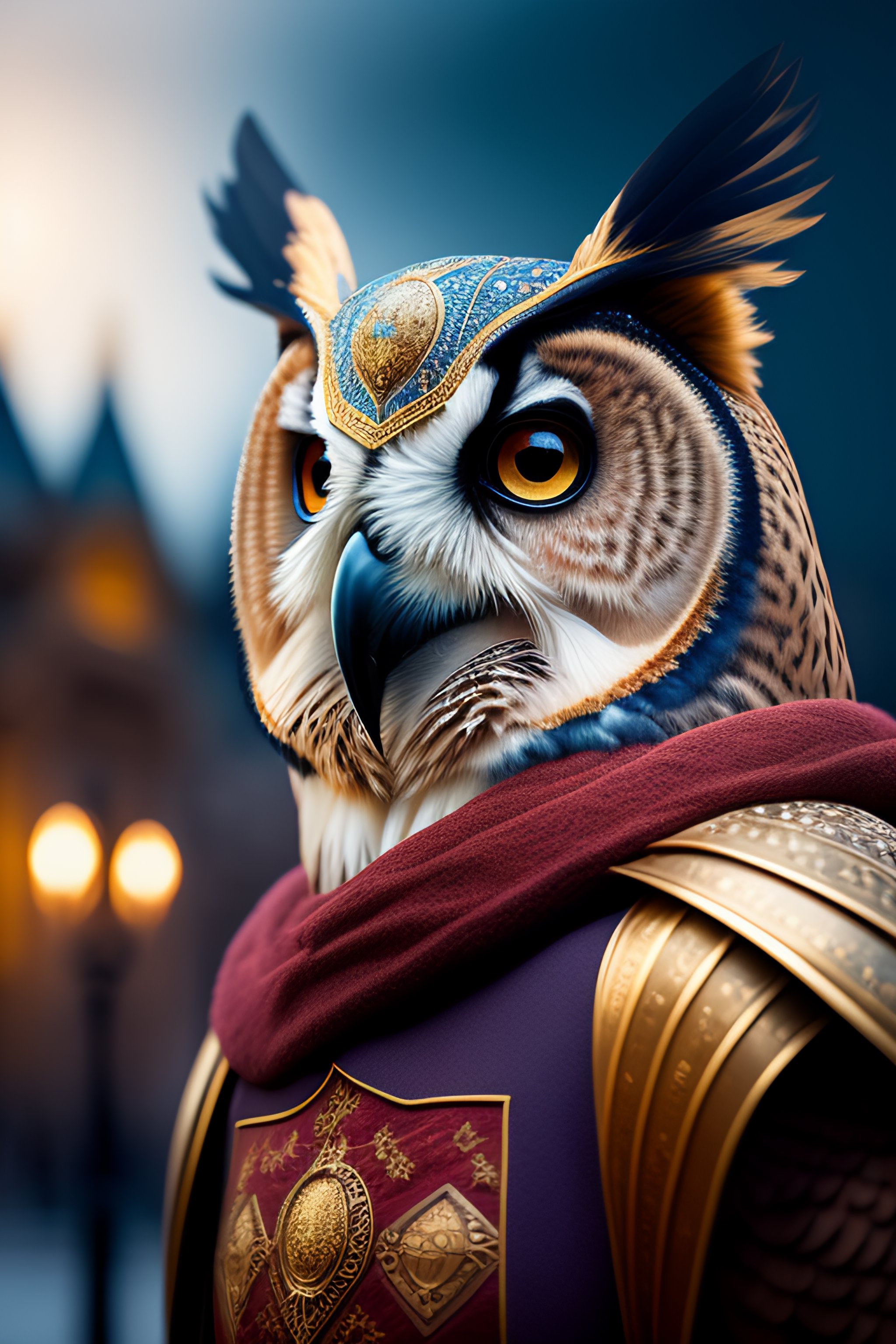 Lexica - Portait of a owl in royal armor in front of woollen palace