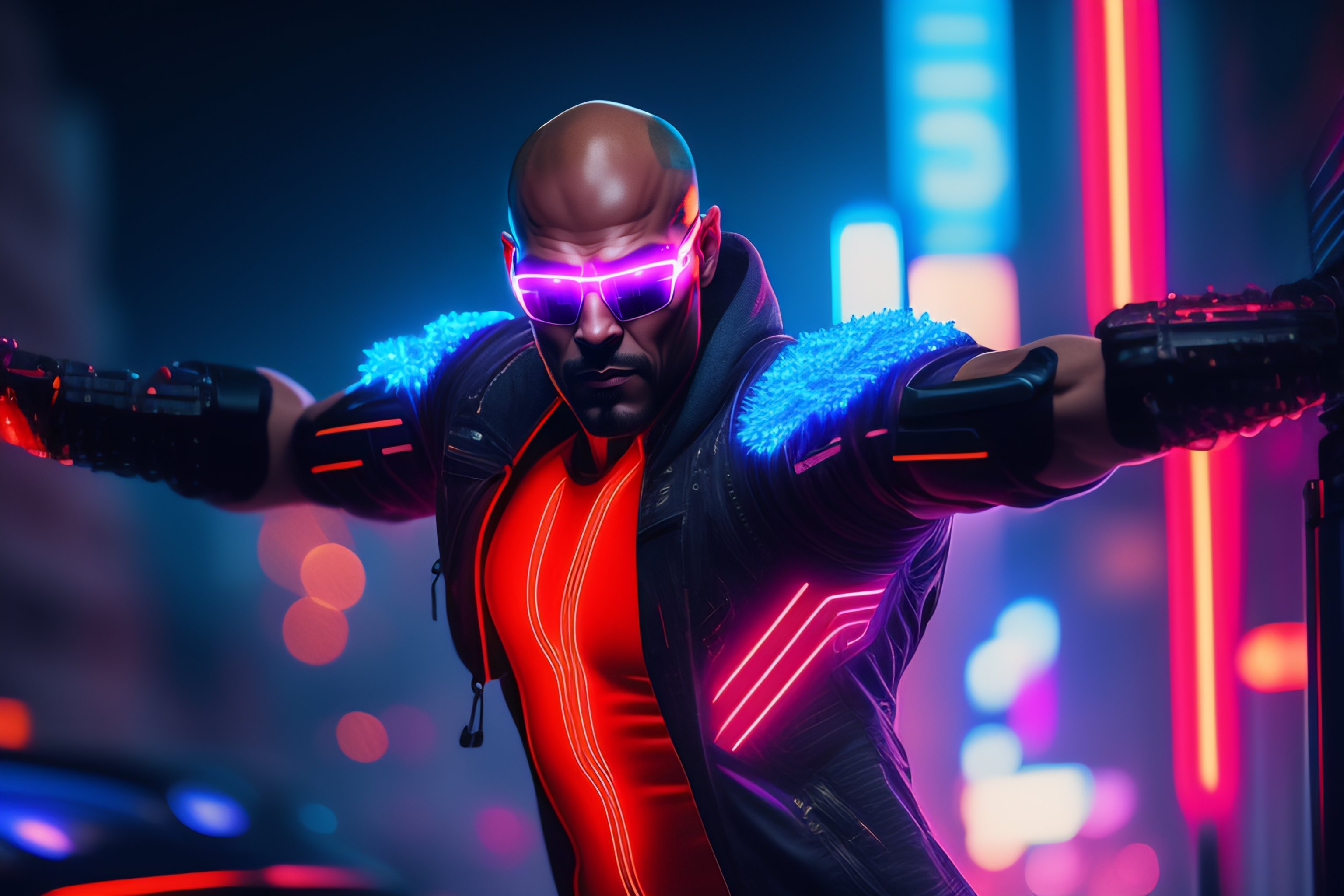 Lexica - Action shot of a bald cyberpunk man with cyberneticaly ...