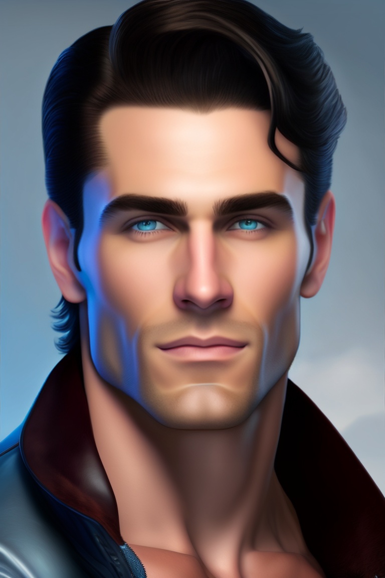 Lexica - A rugged, buff man with ice blue eyes and black hair, in his 30s