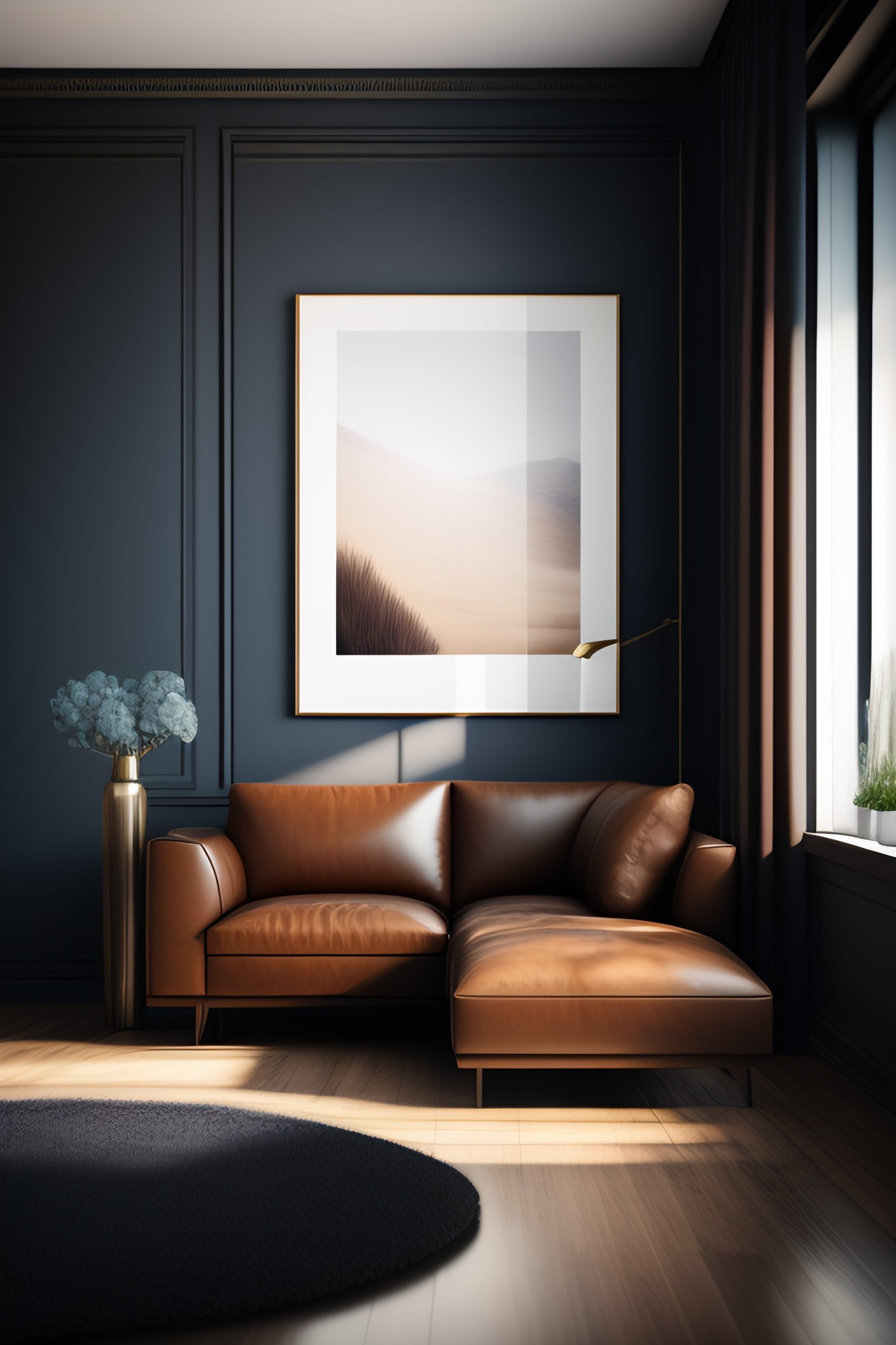 Lexica - Room with dark wall color and a leather couch, above a noble ...