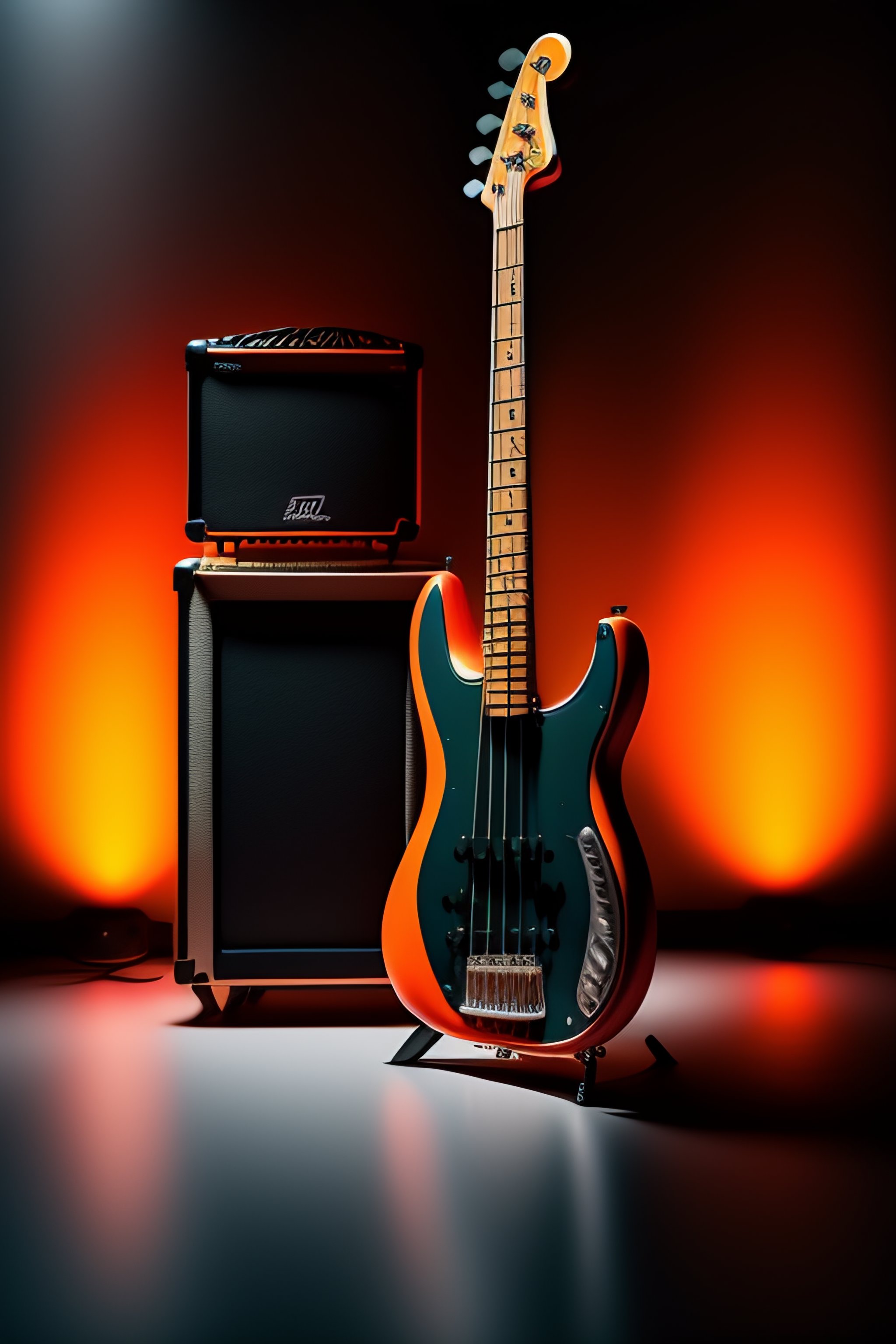 Lexica A Bass Guitar In A Stand Facing Right In Front Of An Orange Amplificator Hard Light