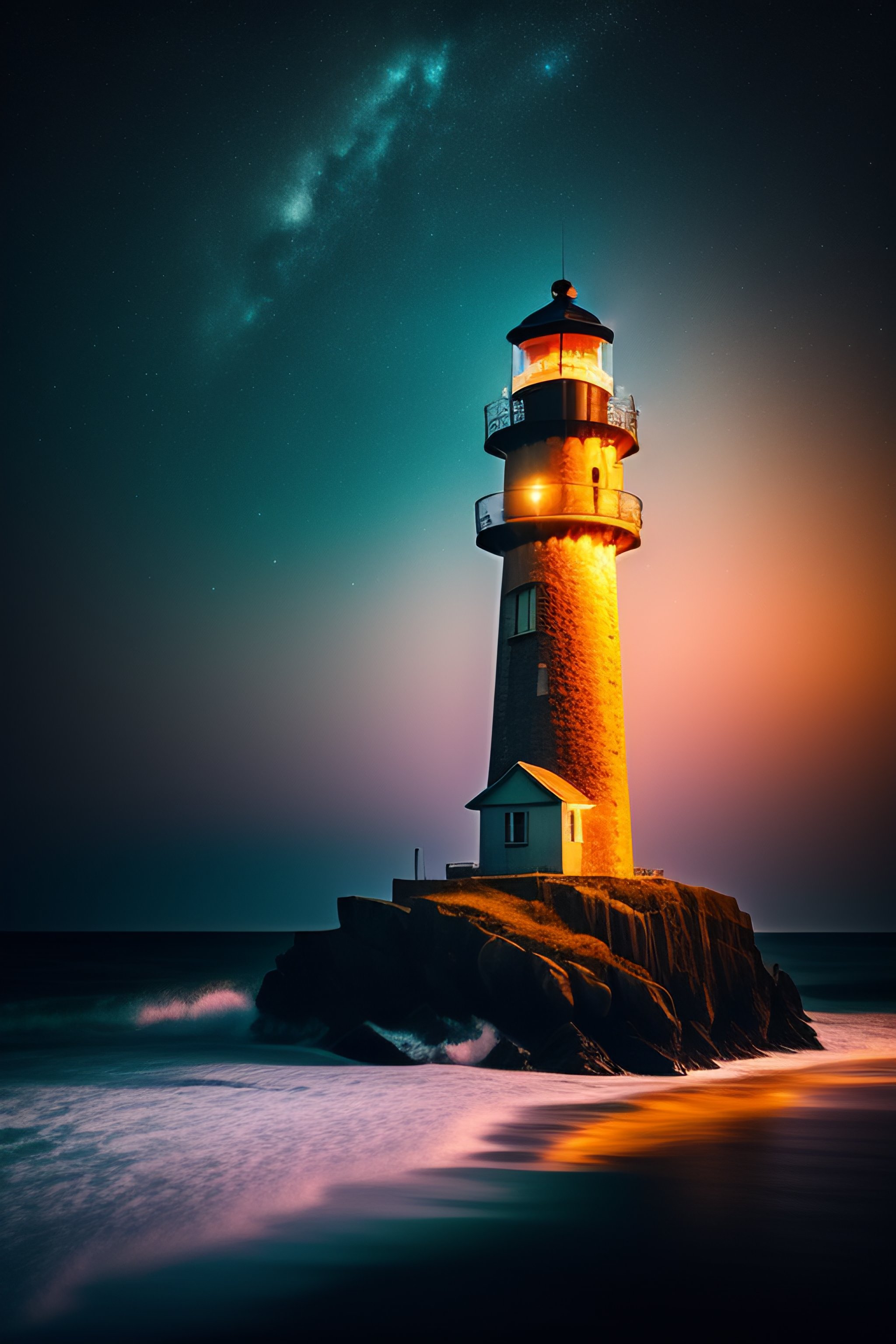 Lexica - Analog photo of realistic lighthouse on island, winter, night ...
