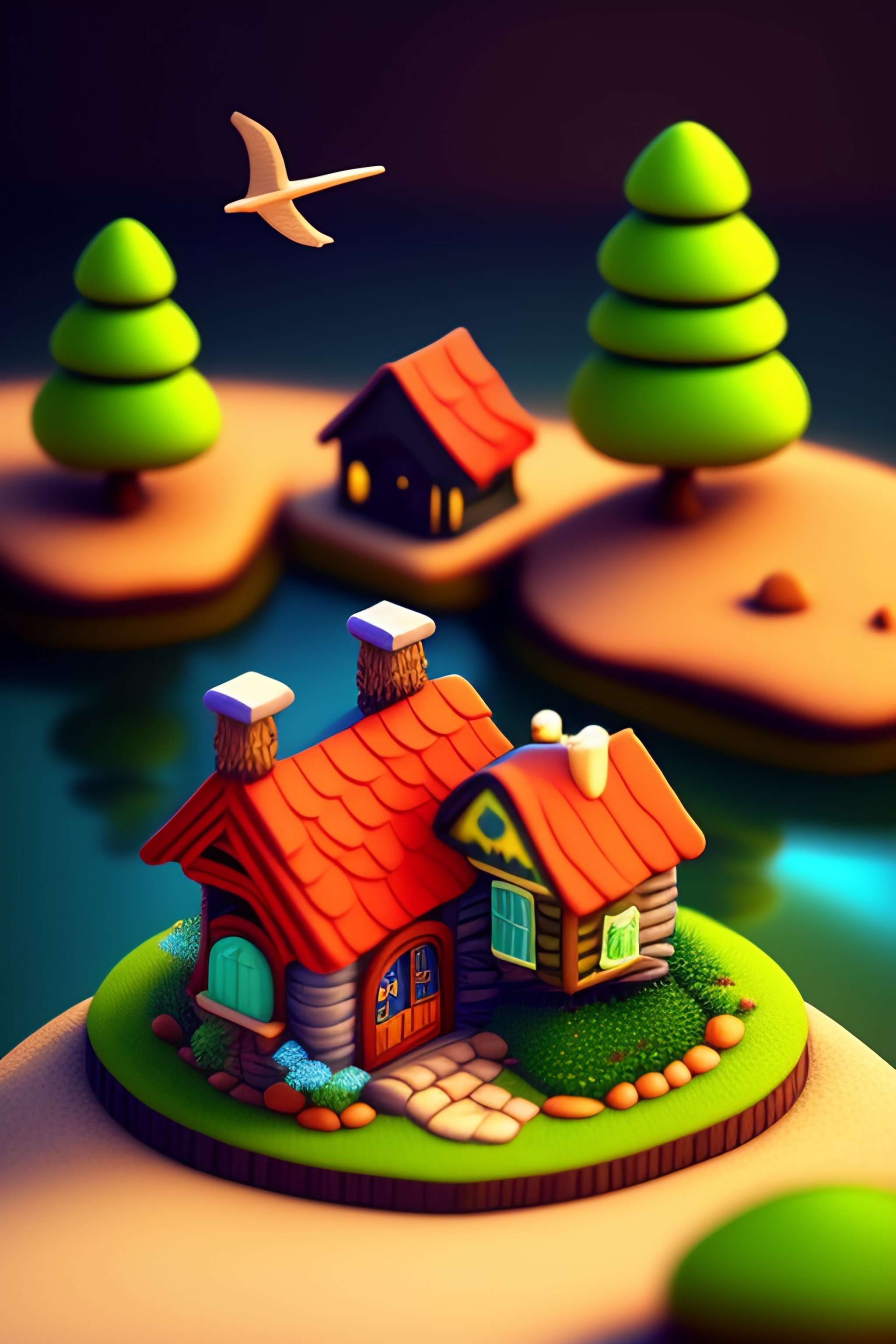 Lexica - Isometric 3d art little house by the river trees and animals