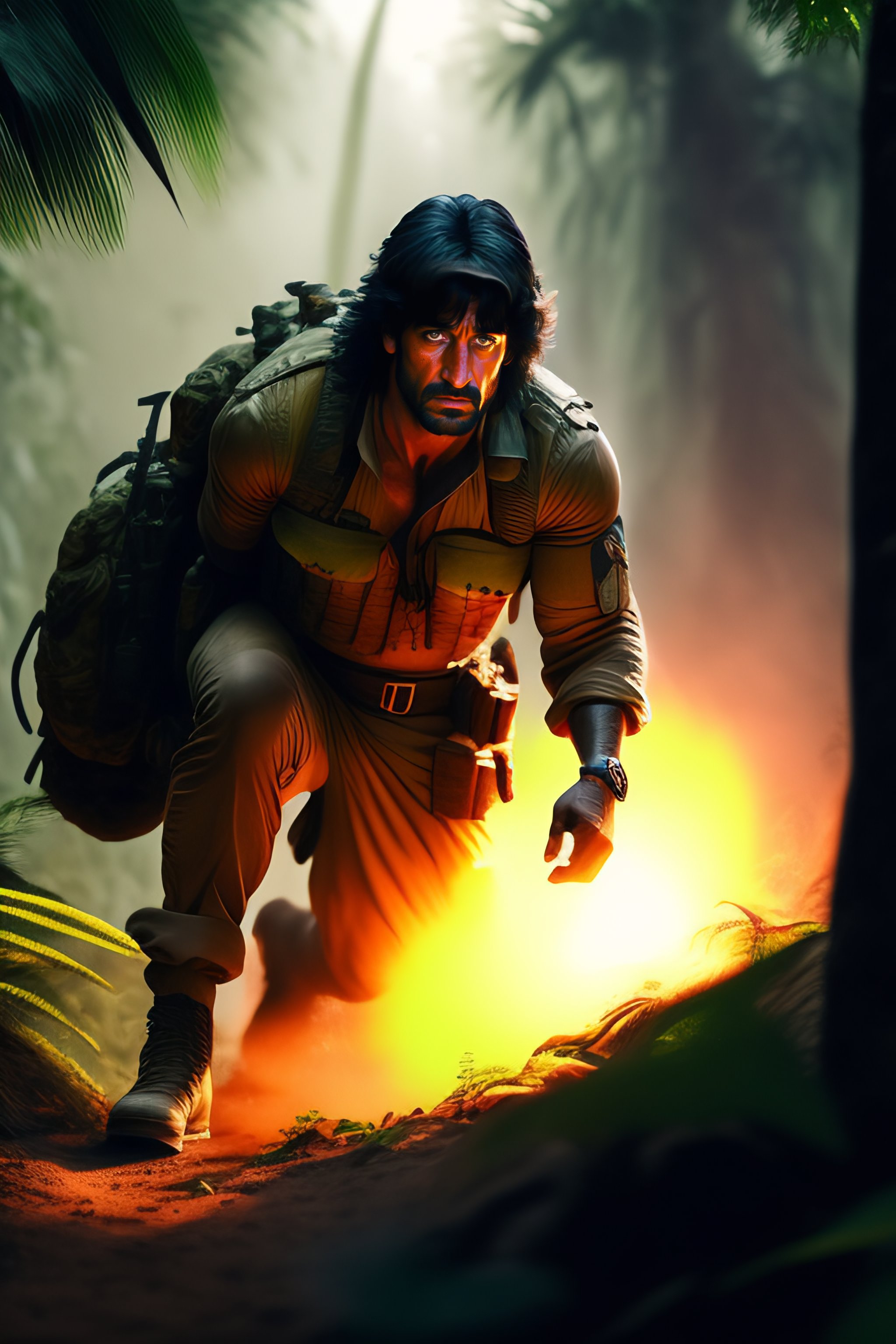 Lexica - Action shot of john rambo in a jungle, cinematic lighting ...