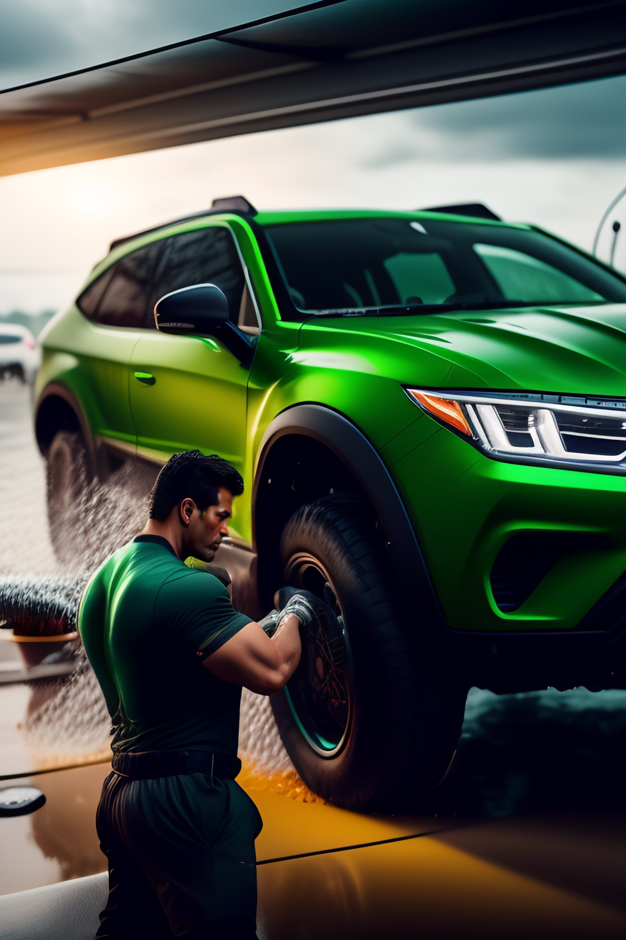 Lexica - The Hulk working at a car wash, but damaging a car that he is ...