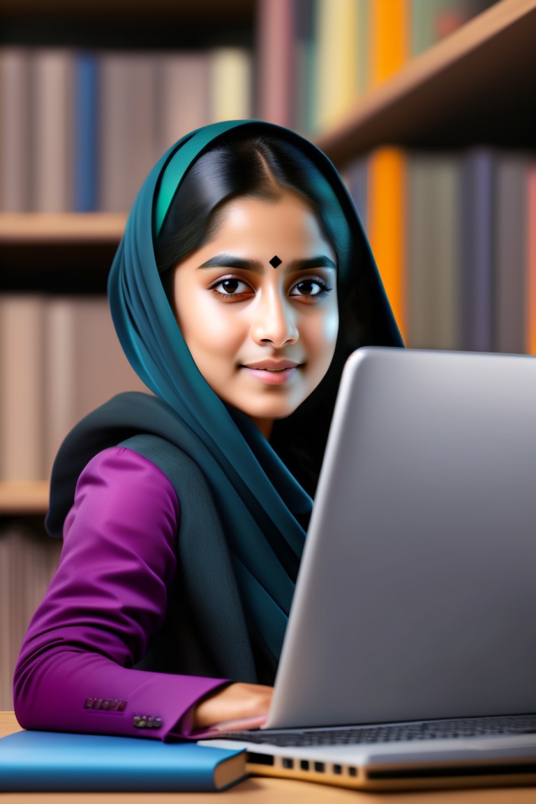 Lexica - A pakistani girl sitting in a office, using laptop, with the ...