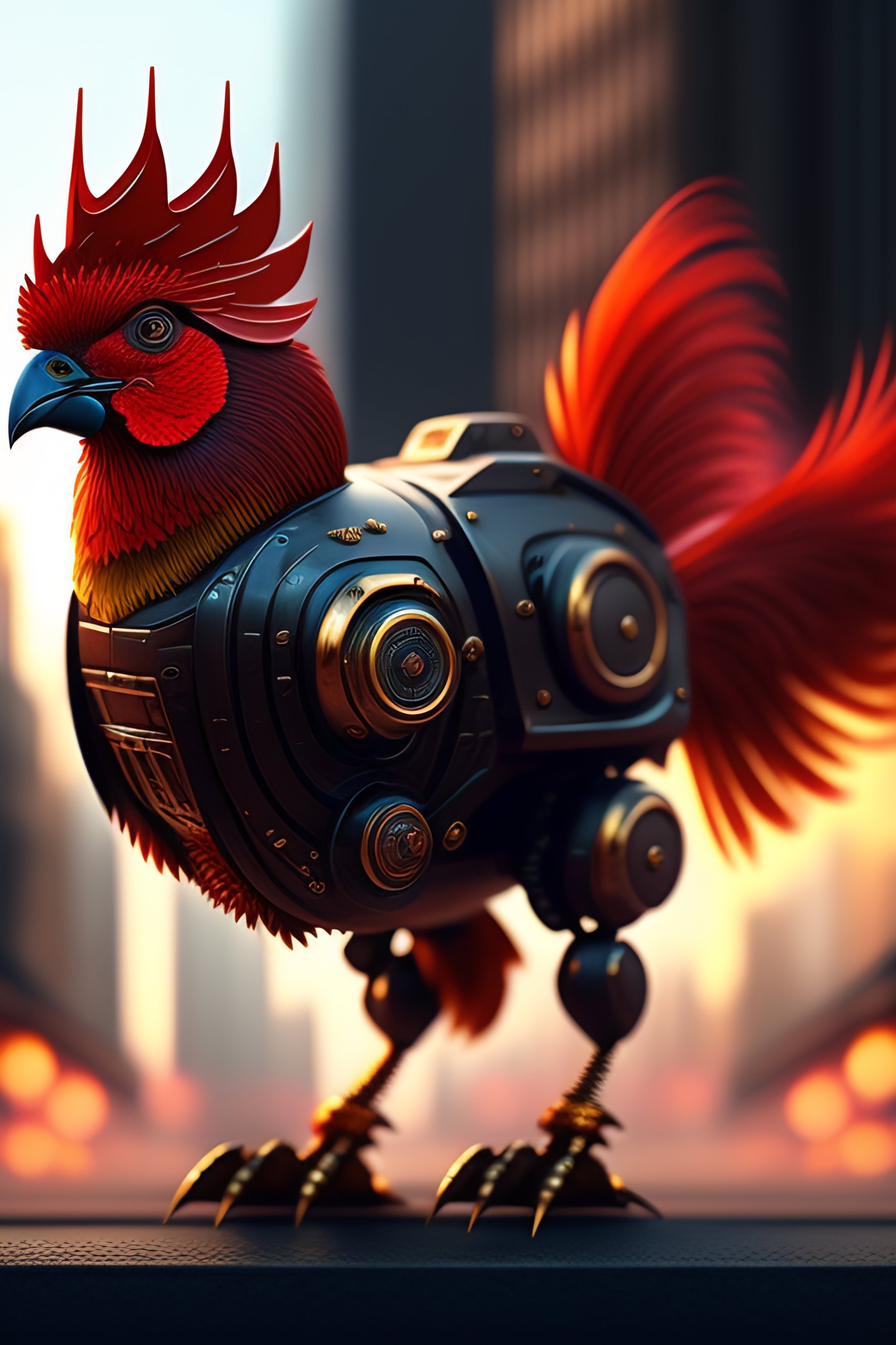 Lexica - A robot rooster destroying a city