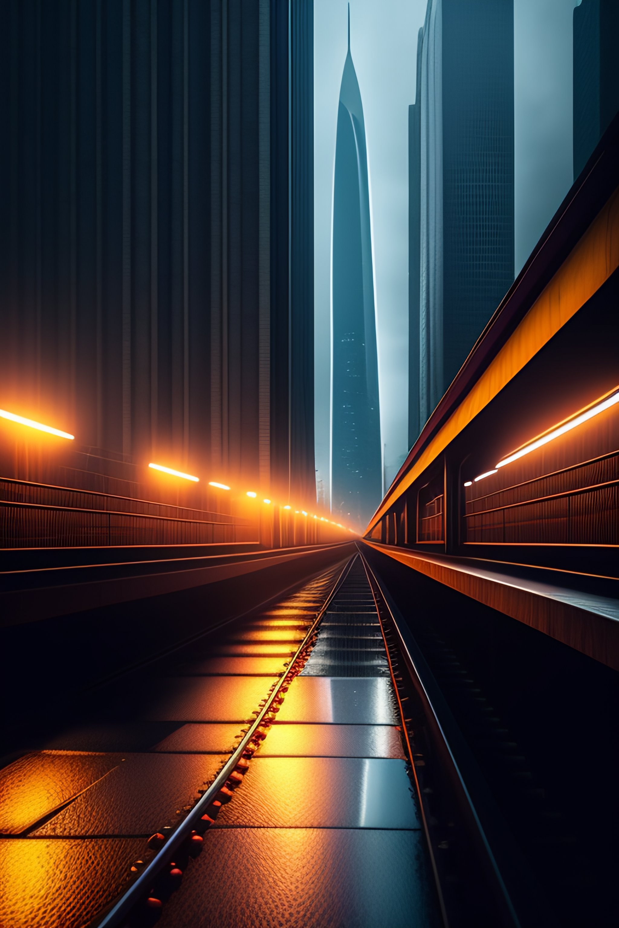 Lexica - A gloomy, rainswept modern Neogothic city, elevated subway ...