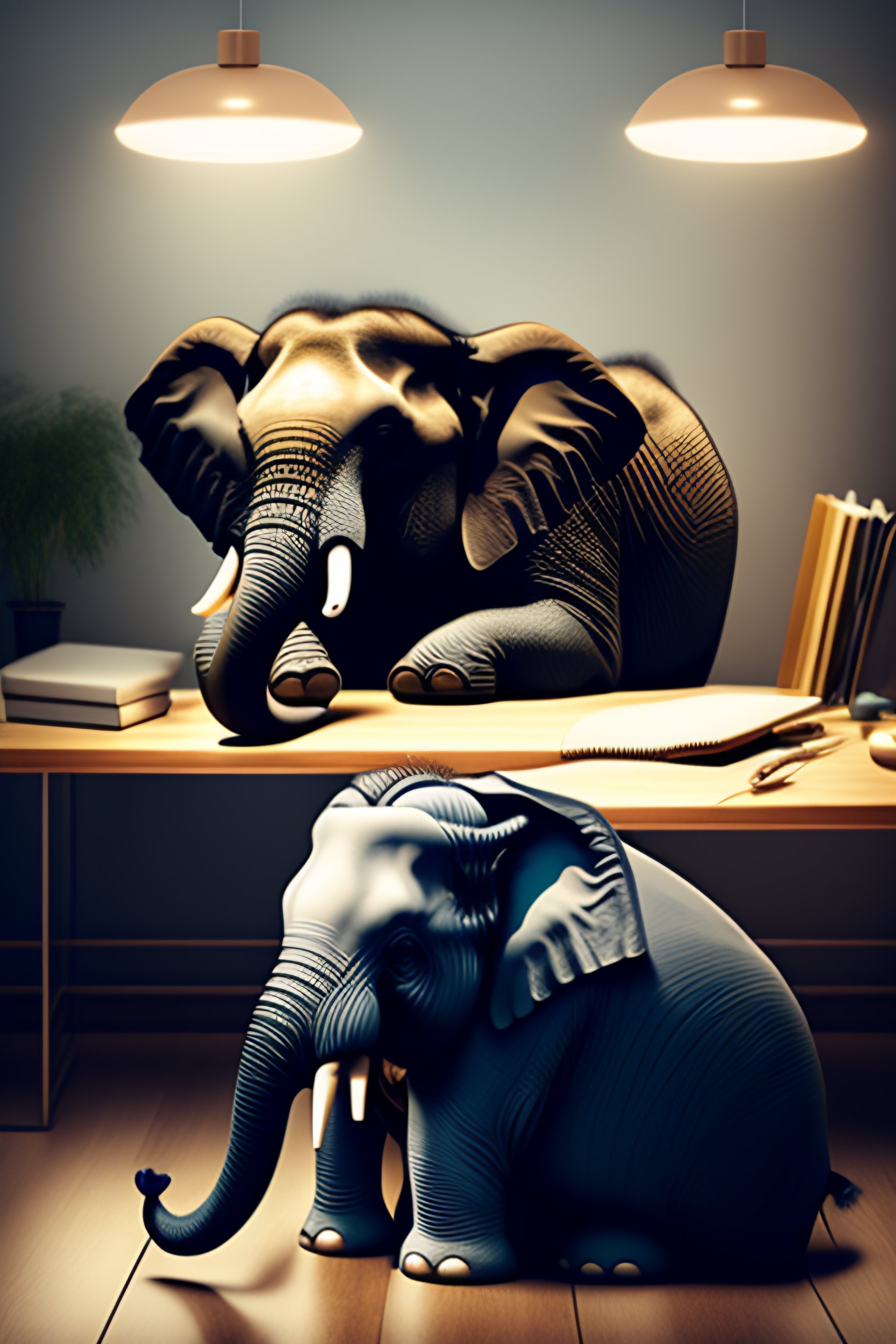 Lexica - An angry humanoid elephant sits at a cluttered desk in front ...