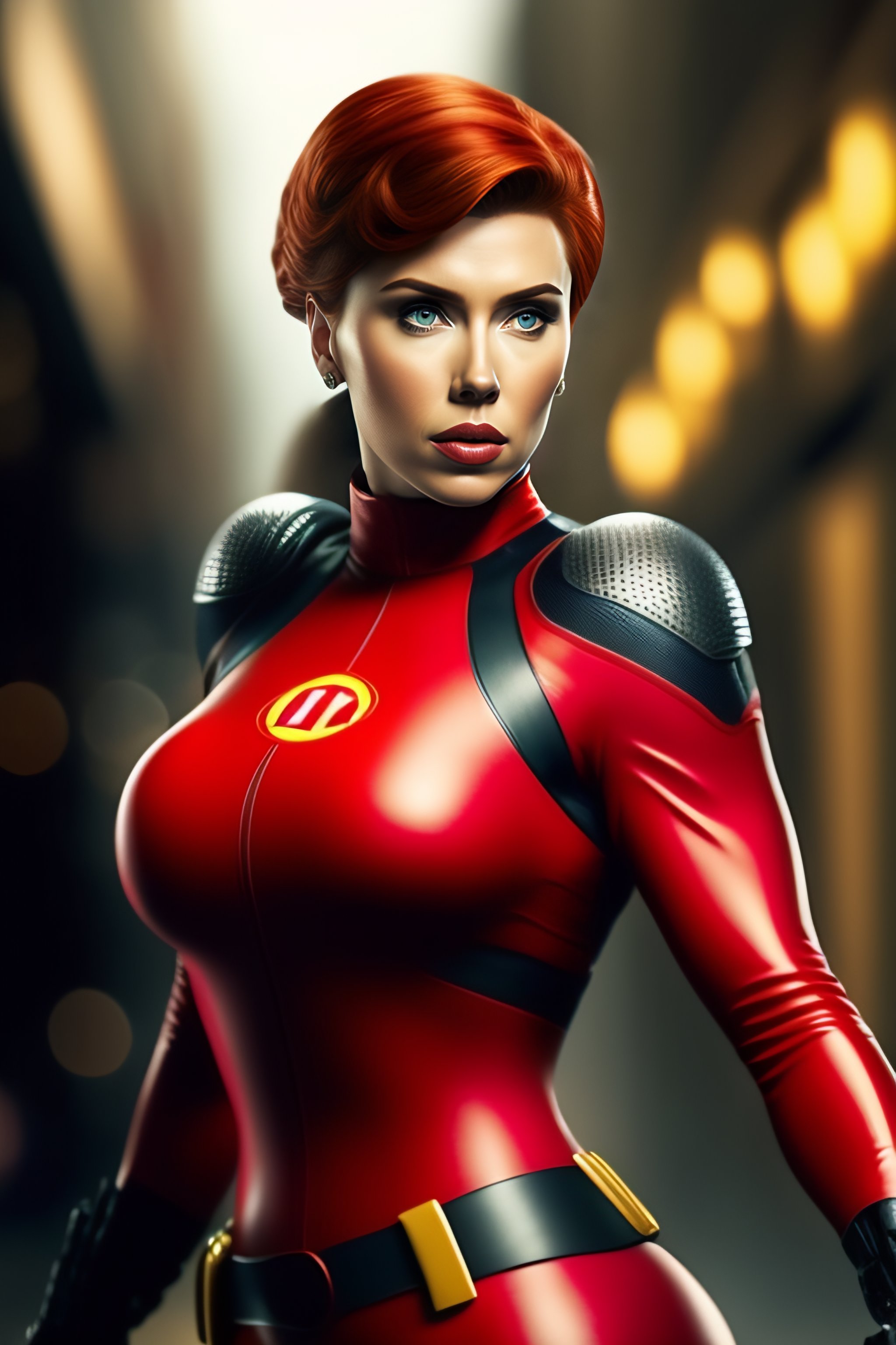 Lexica - Scarlet Johansson modeling as Helen Parr, action photograph