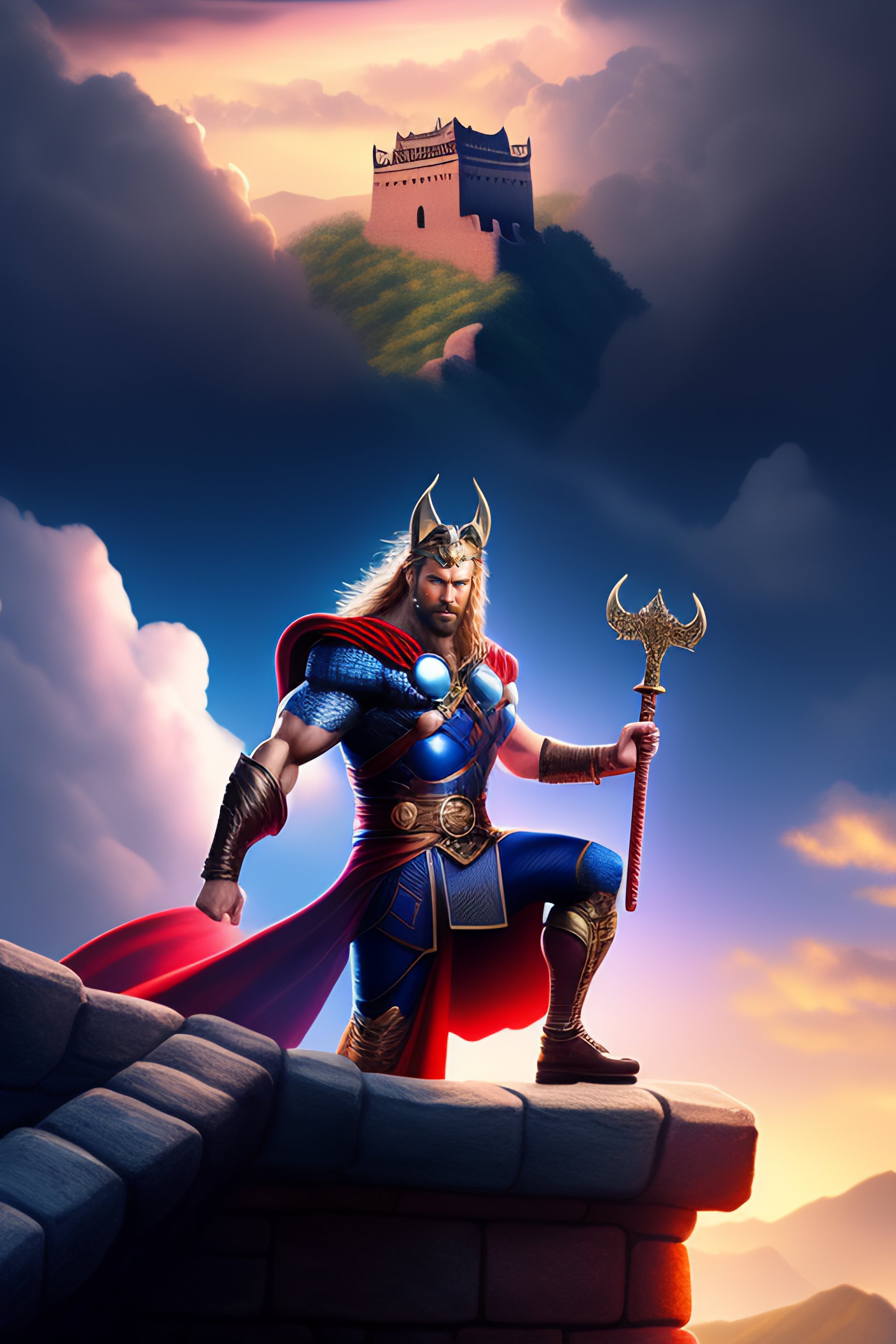 Lexica - An action scene of thor sitting on a flying carpet, on the ...