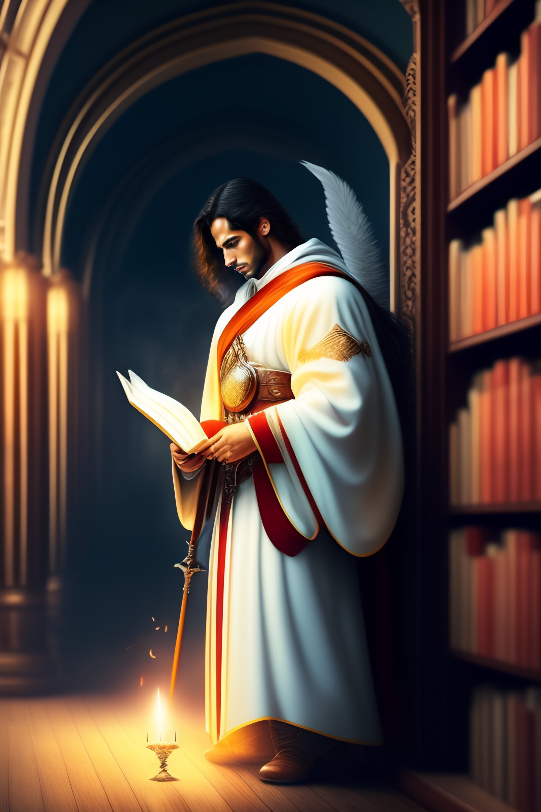 Lexica - Wizard with white robe and sword studing in bibliotheque