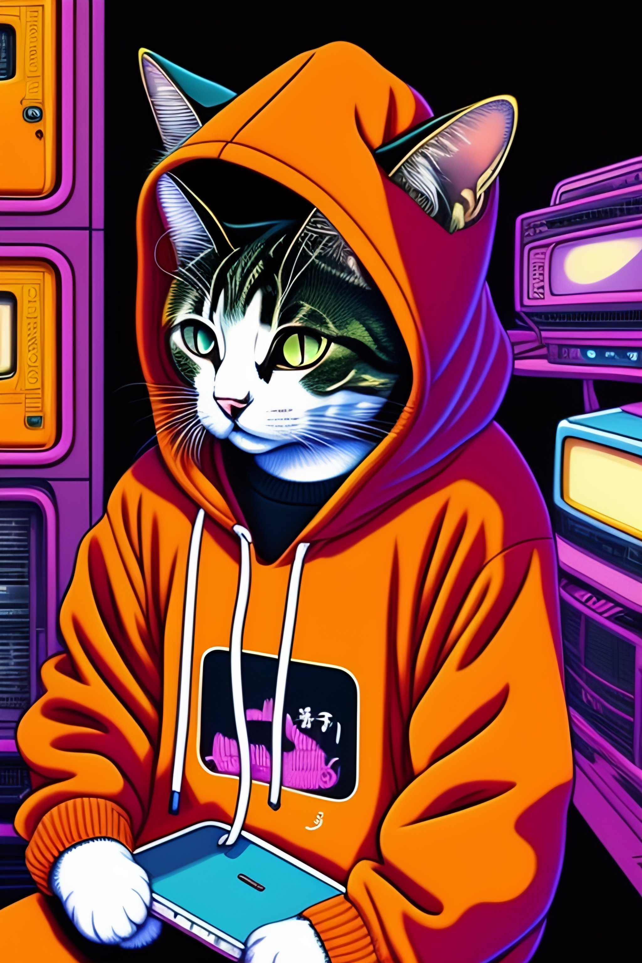 Lexica - Cat wearing hoodie,in the style of 80's vintage anime,retro ...