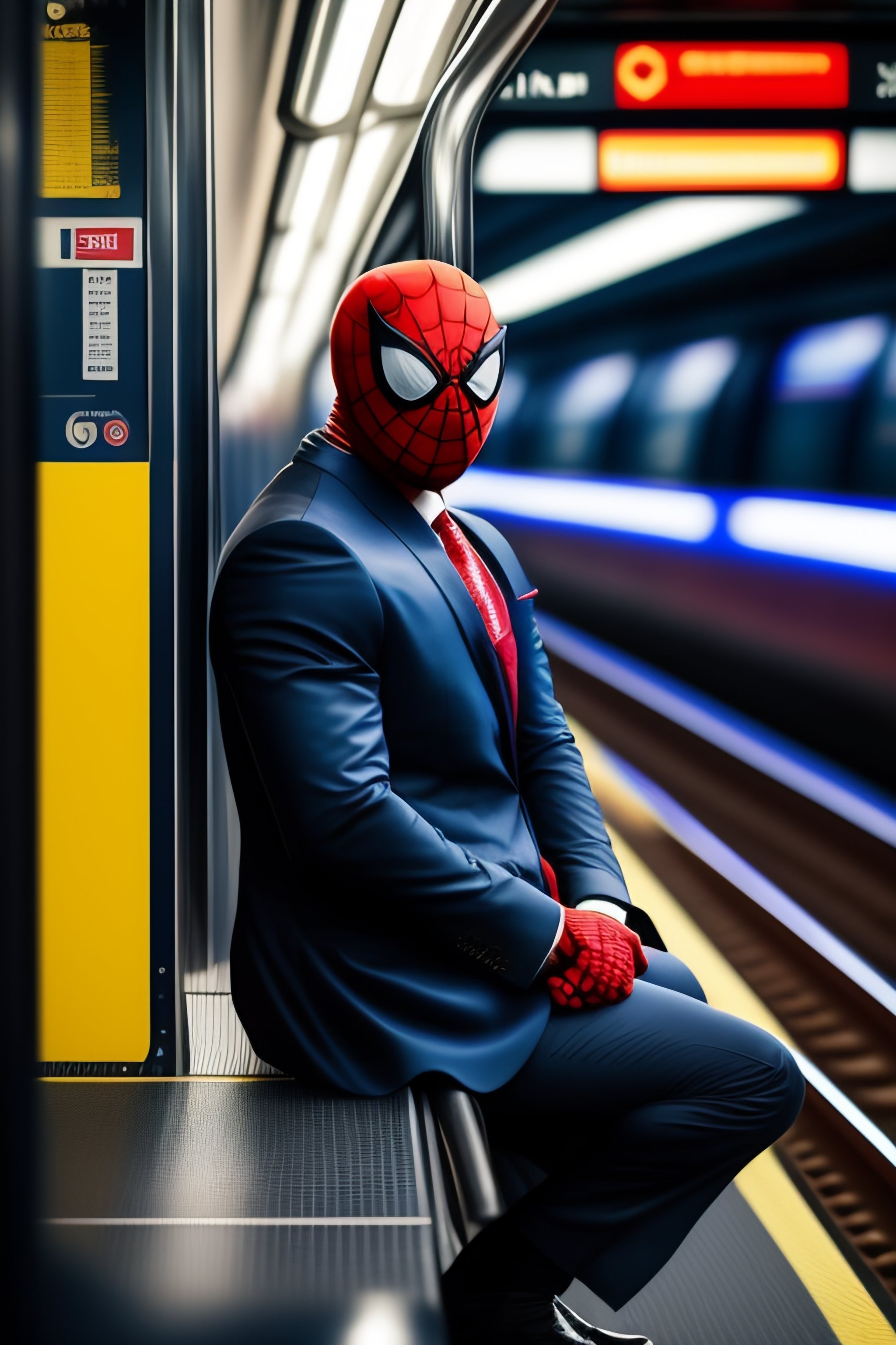 Lexica - Spiderman a business suit sitting in the London Underground ...