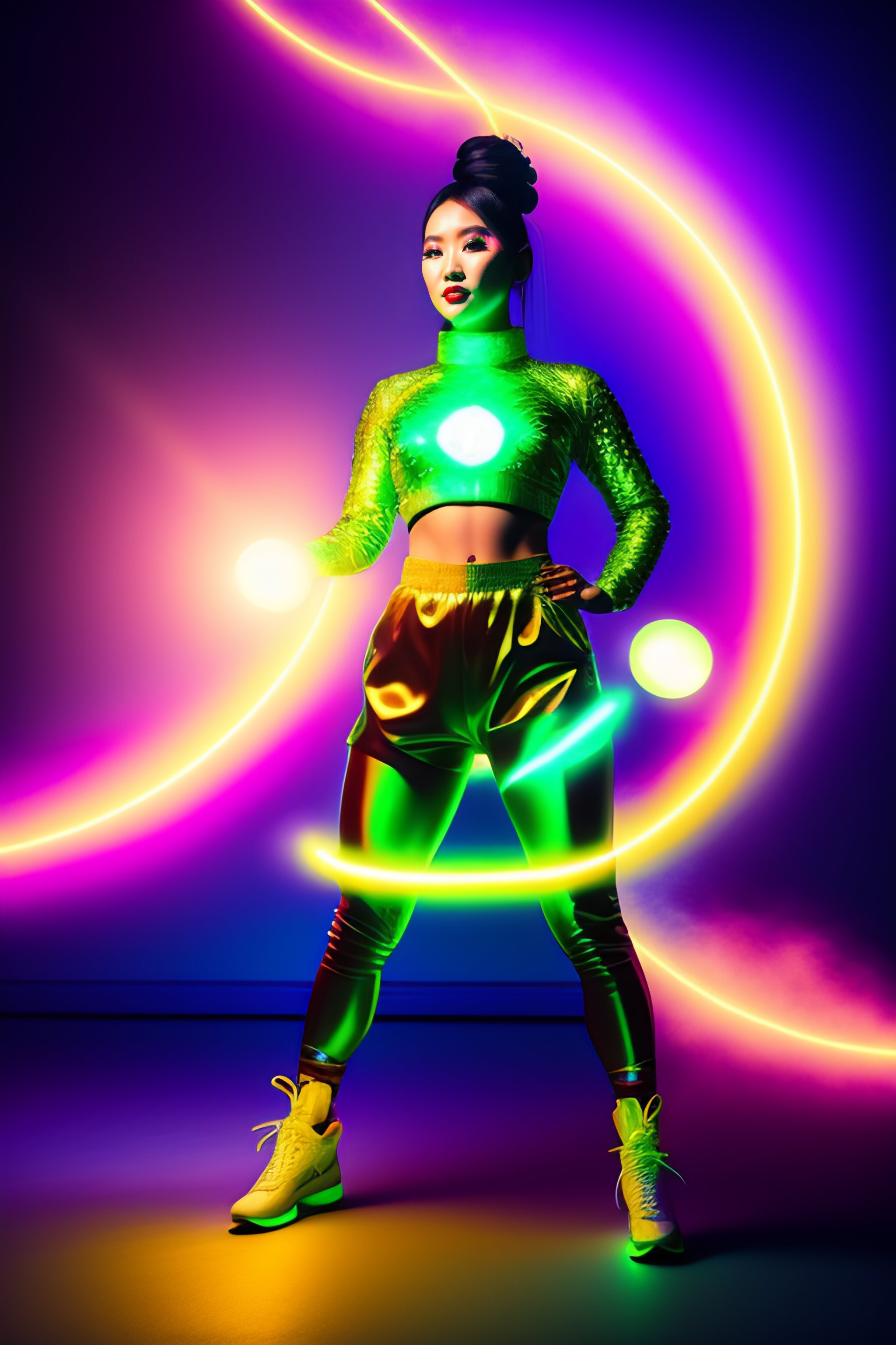 Lexica - Full body british singer "greentea peng" fighting outfit, jump ...