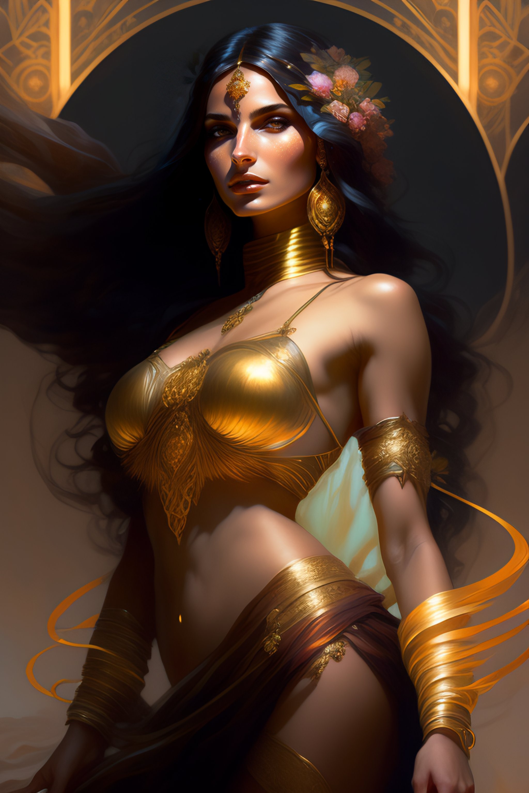 Lexica - A beautiful cinematic female sand goddess, emily ratajkowski, golden and black dress ...