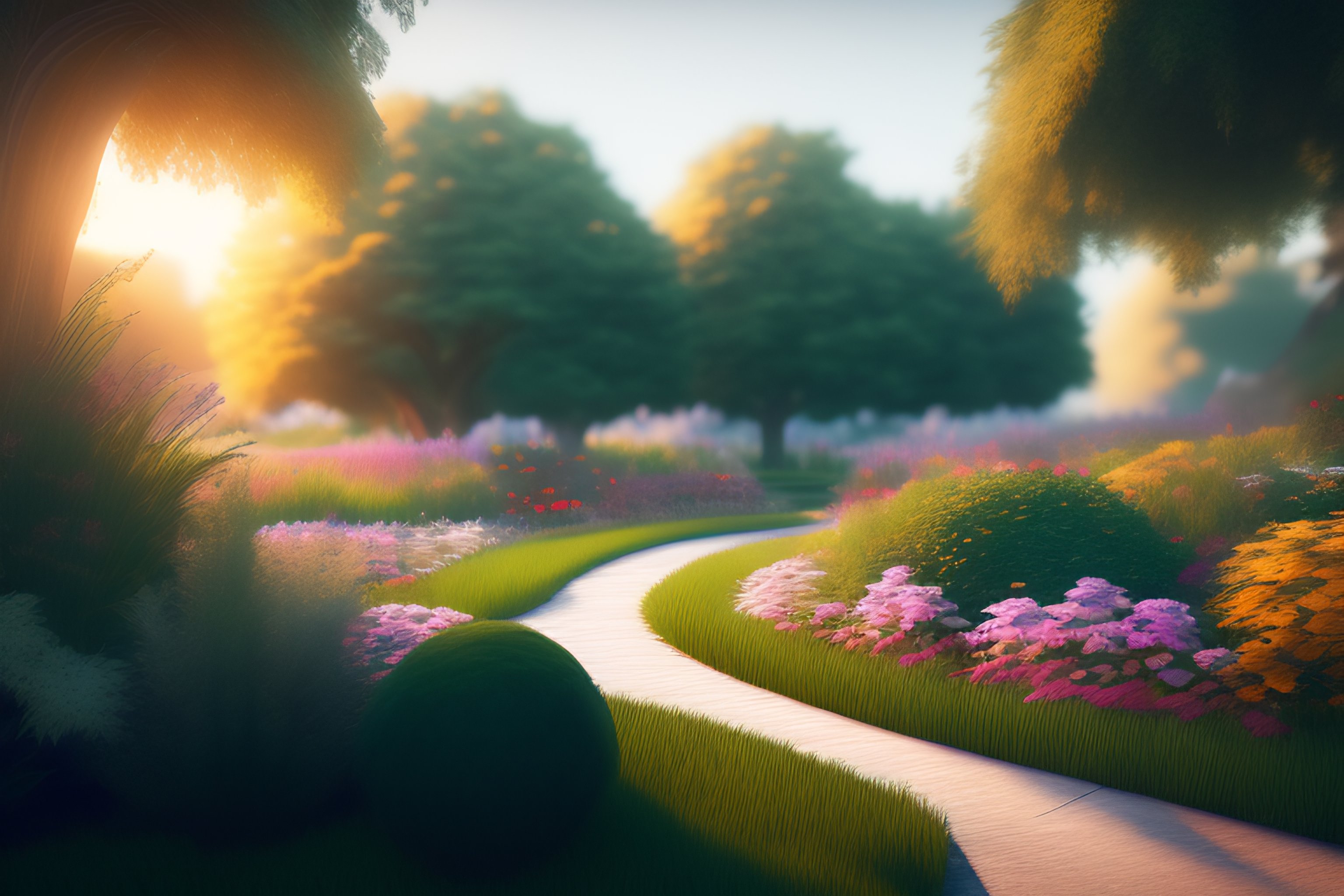 Lexica - Professional photograph landscape garden with flowers, soft ...