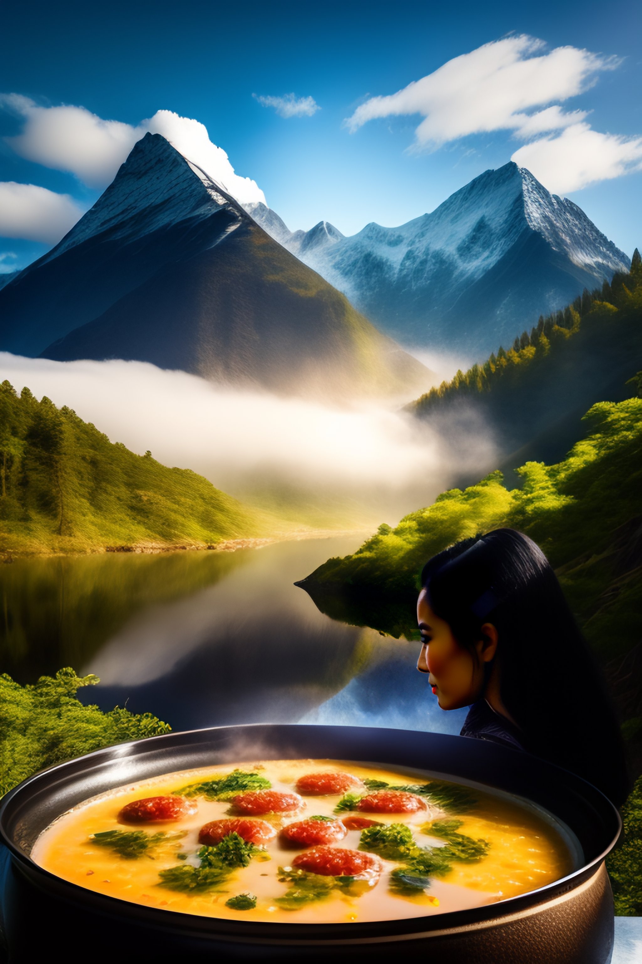 Lexica - Slim tall beautiful human cooking food over mountain forest
