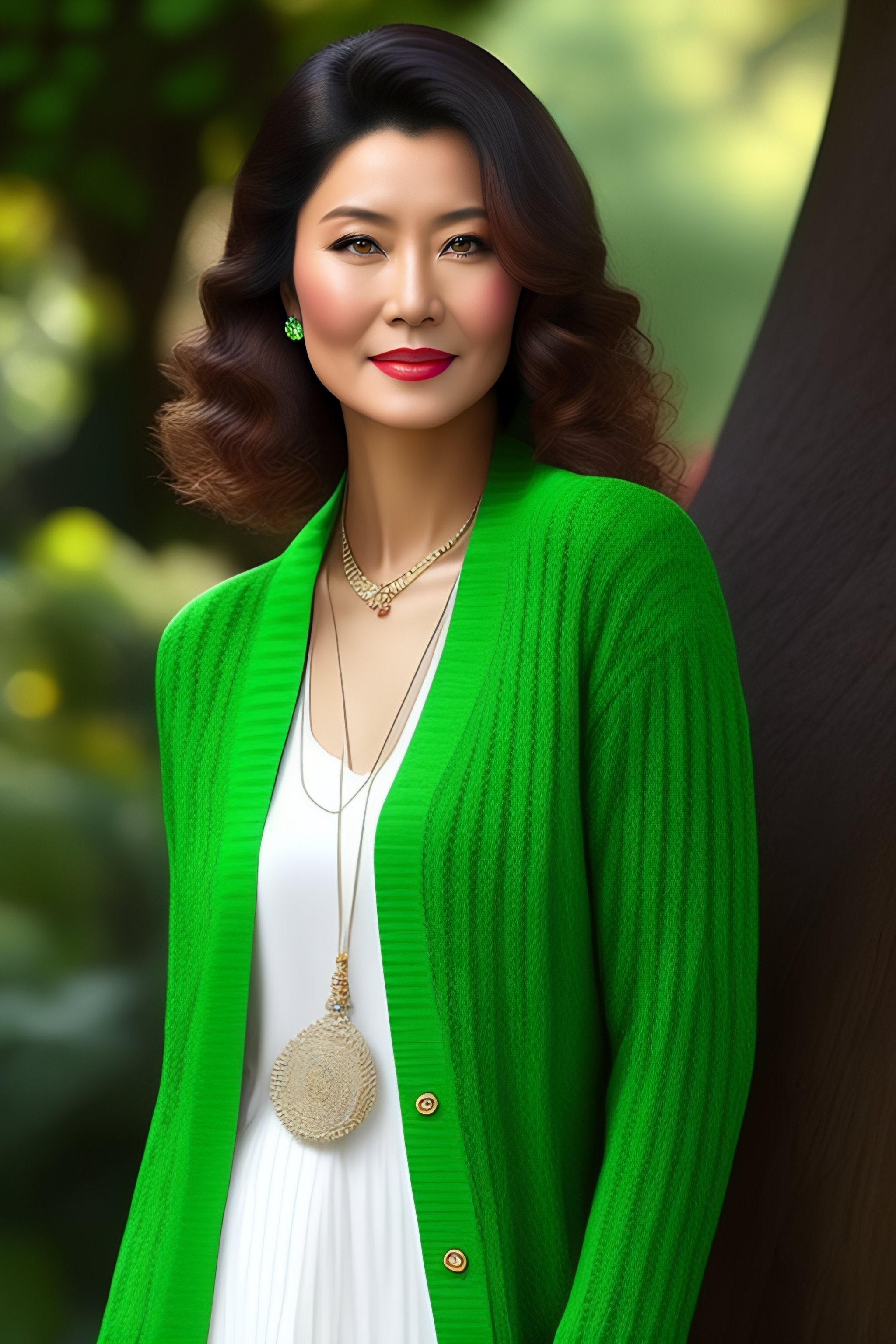Lexica - A woman wearing a green cardigan sweater, inspired by Ayshia ...