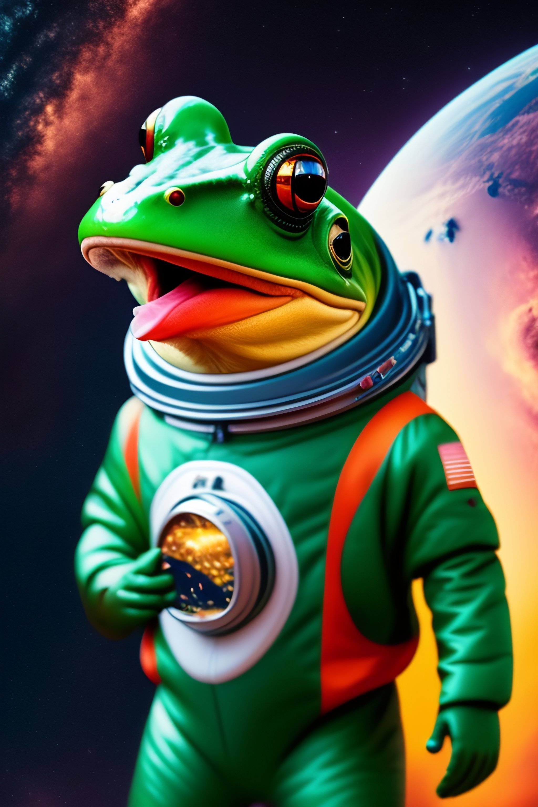 Lexica - Frog with tongue out. Astronaut suit. With frog hands. Earth ...