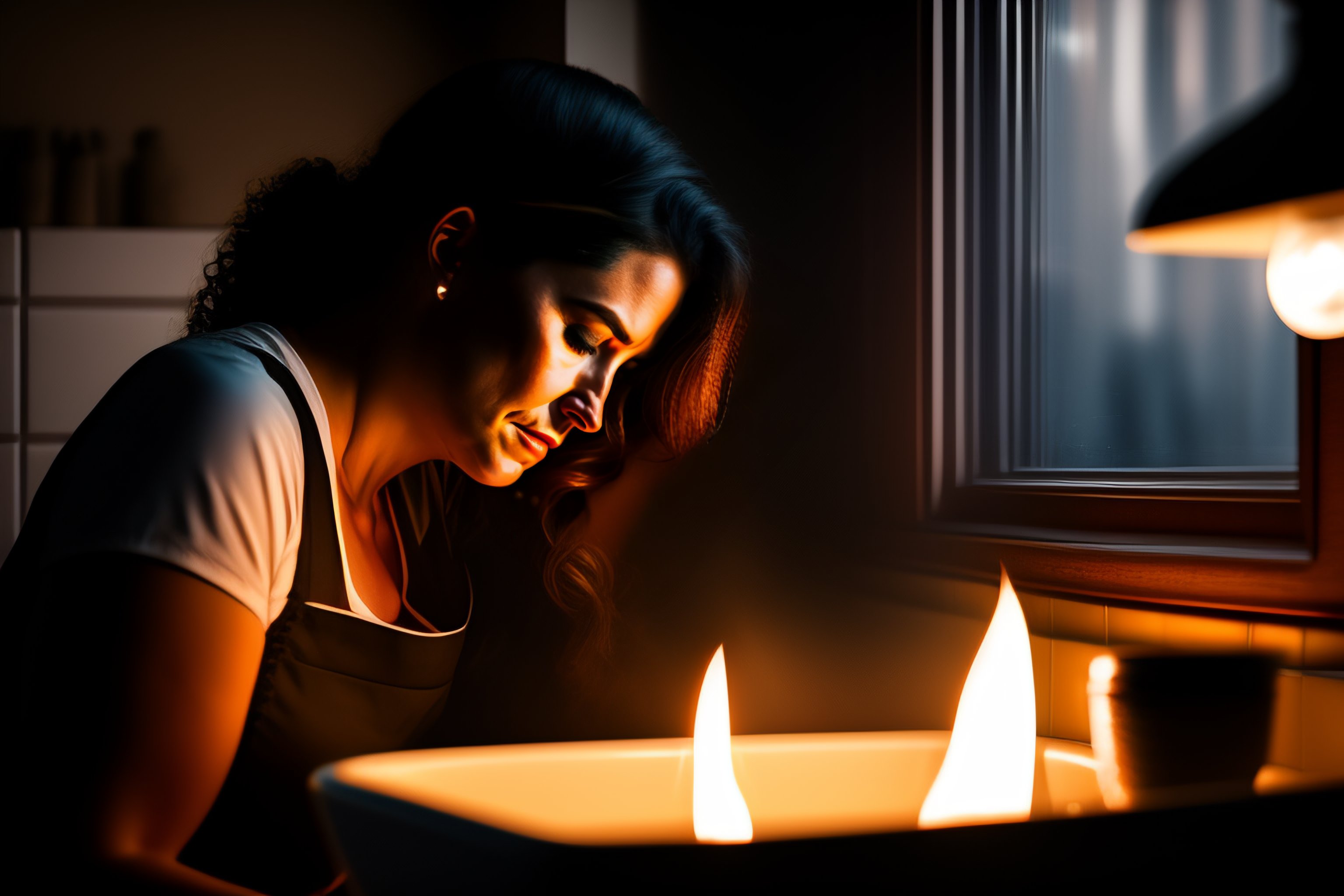 Lexica - Exhausted swearing woman cleaning dishes, dark mood, low light