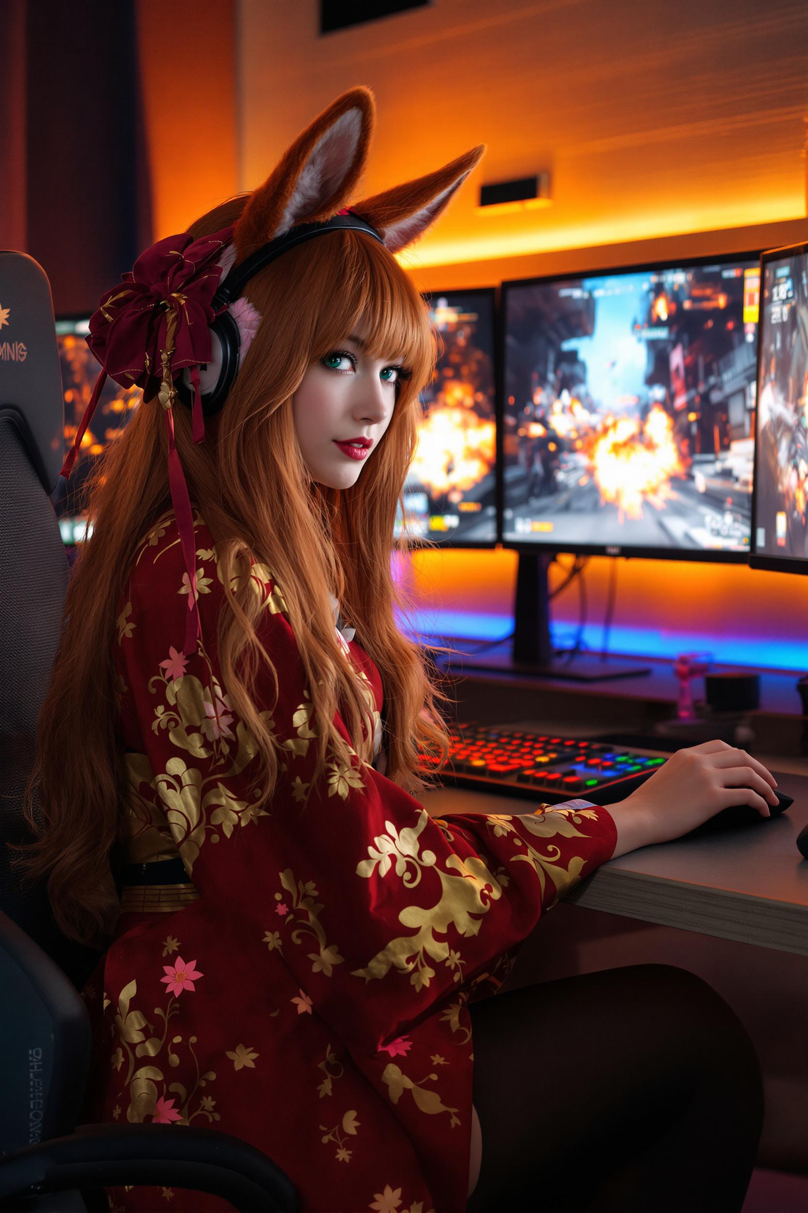 Lexica - A real photo of a 20-year-old cute REDHEAD Gamer-Girl. She is ...