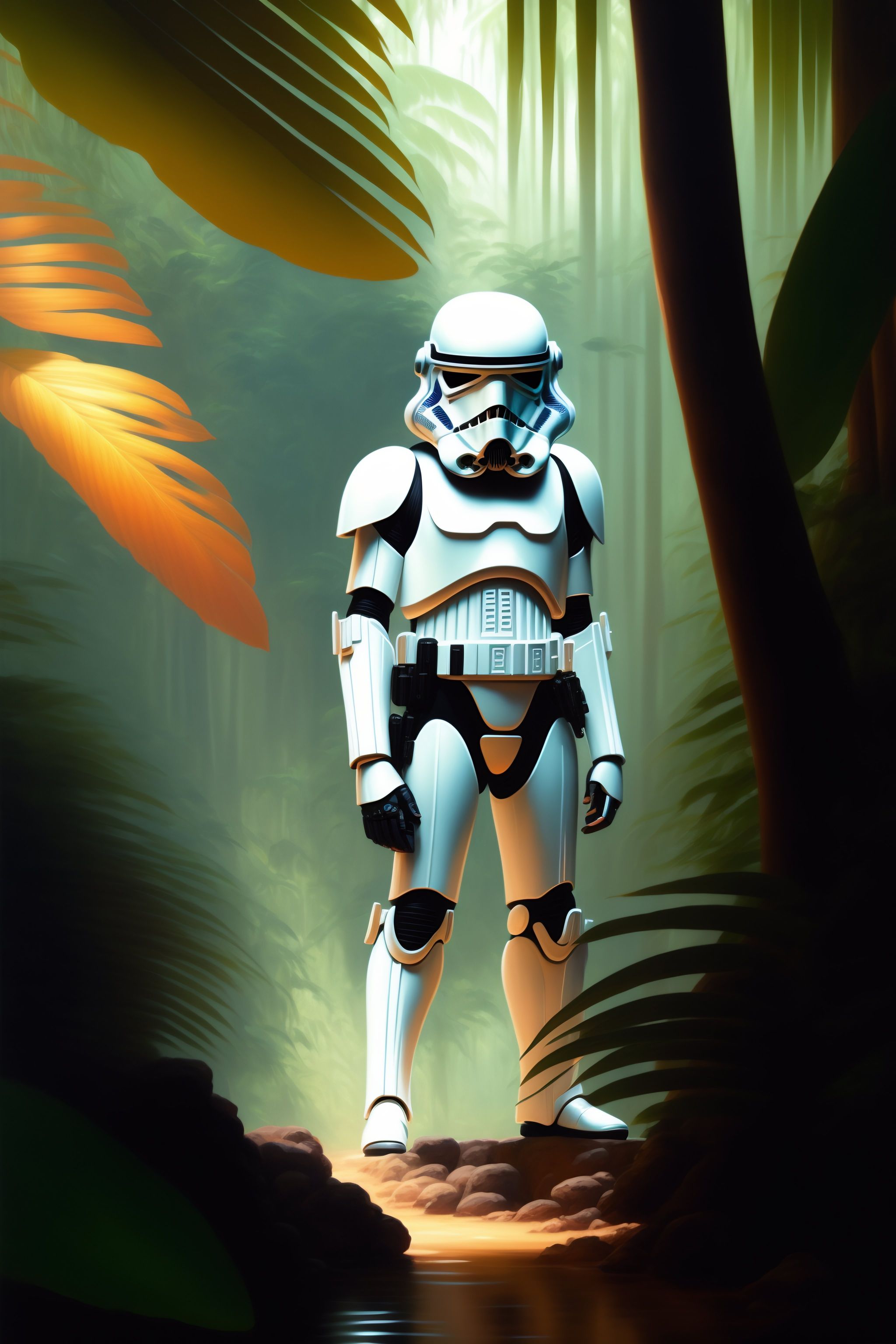 Lexica - "Stormtrooper in a Jungle" by Syd Mead, cold color palette, muted colors, detailed, 8k