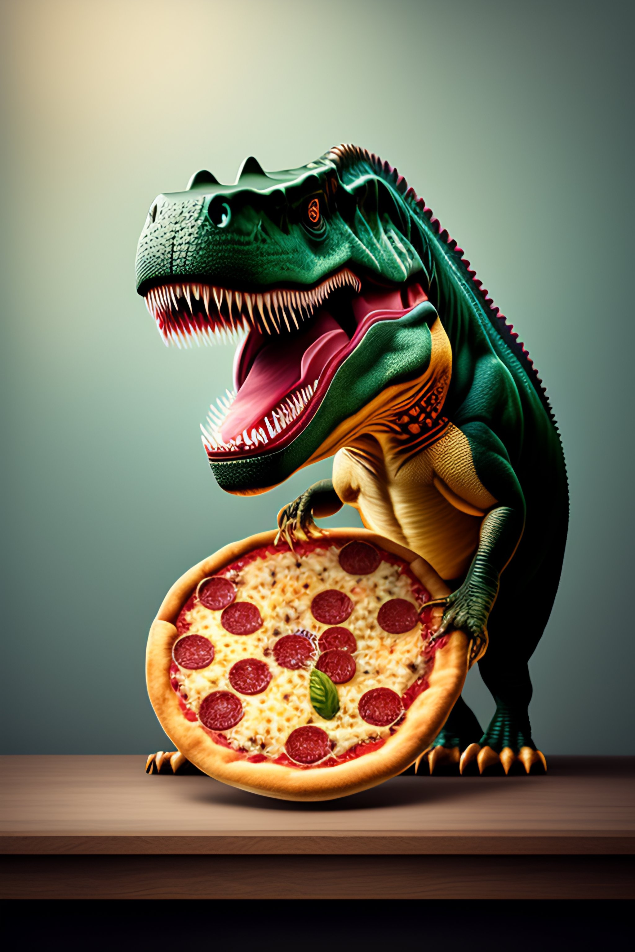 Lexica - Realistic t-rex with a pizza in its mouth