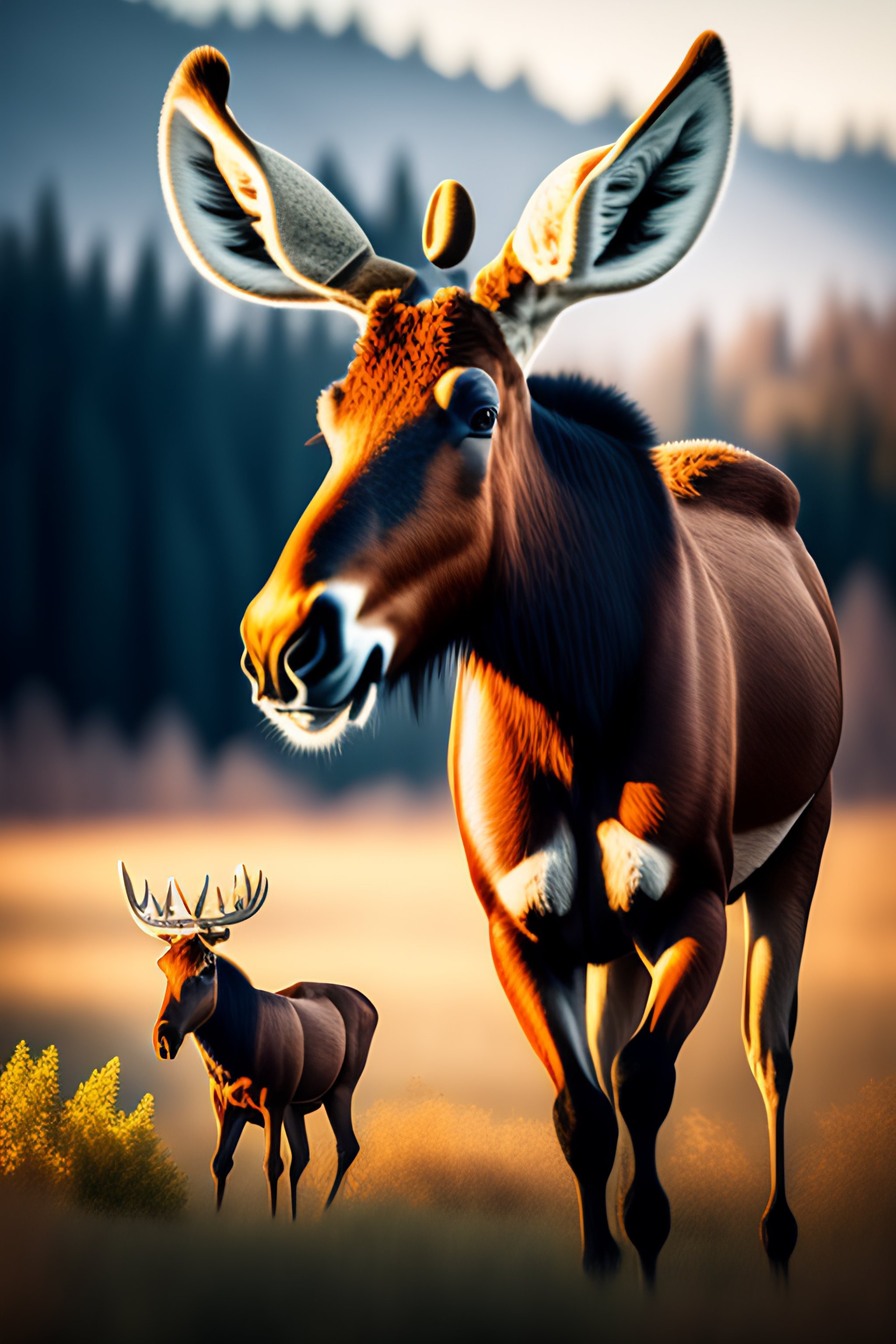 Lexica - Ultra hd! realistic, chrome, hunter chasing cute moose, dreamy ...