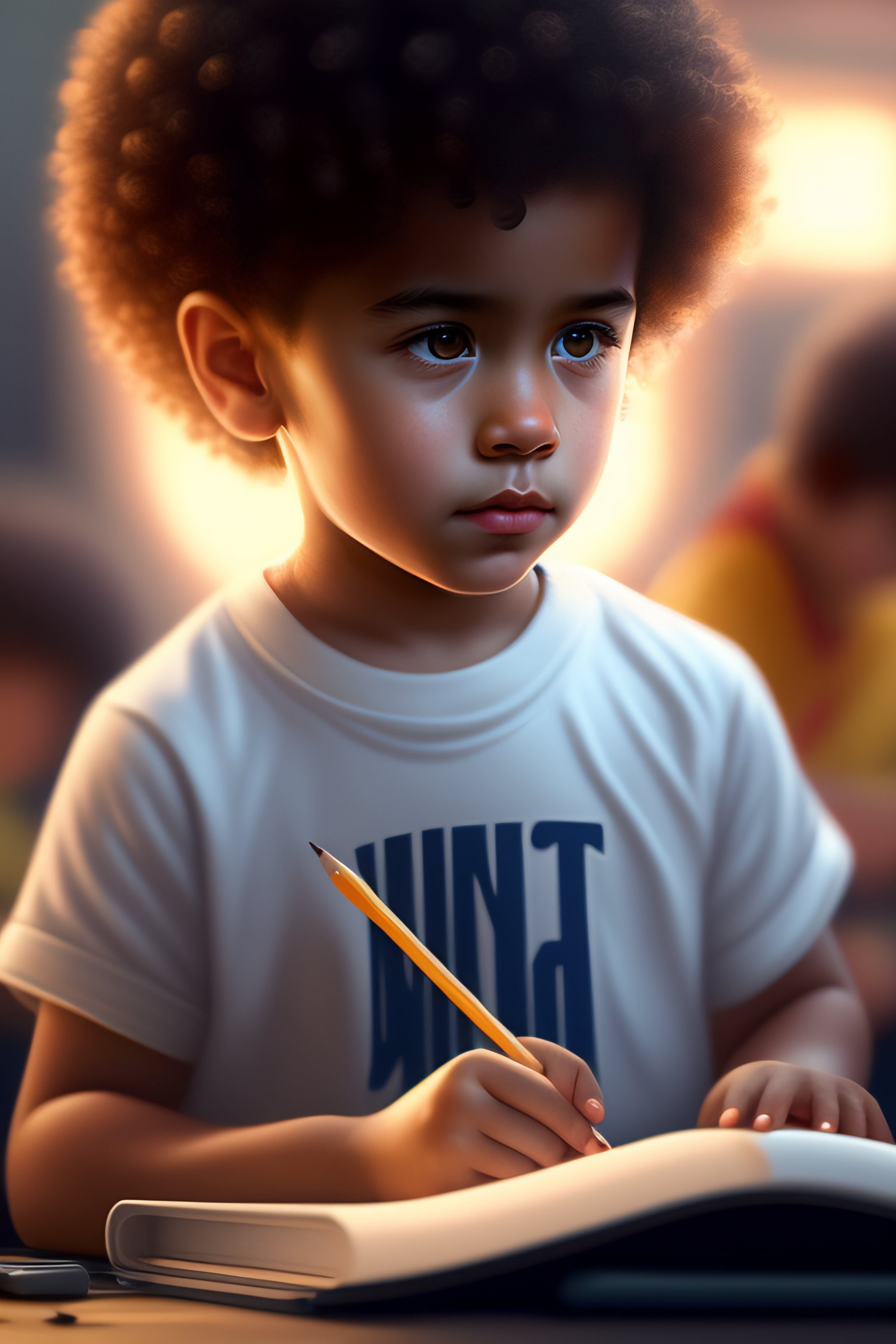 Lexica - A young kid writing on a notepad, white kid, curly hair ...